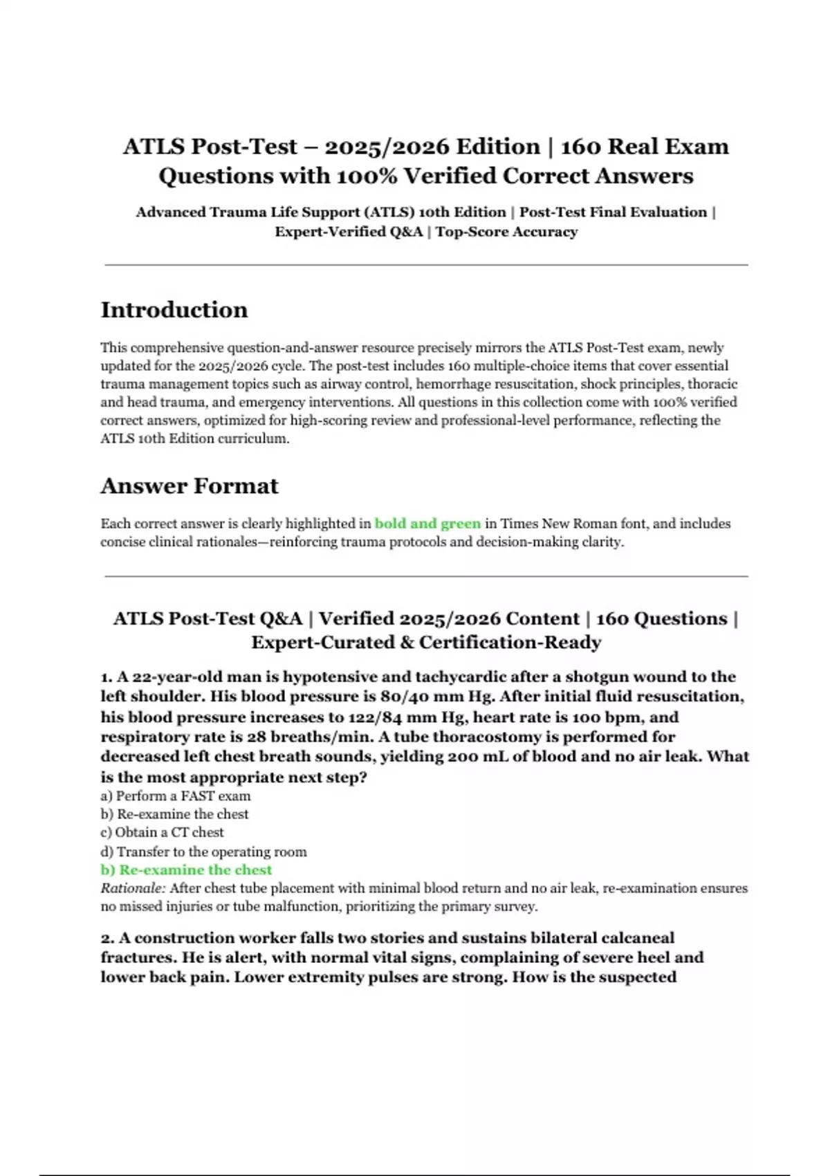 Advanced Trauma Life Support (ATLS) Post-Test | 10th Edition | 2025/ ...