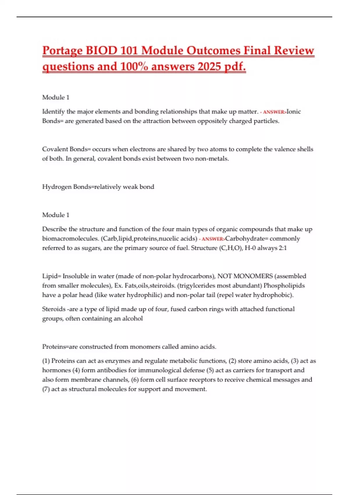 Portage BIOD 101 Final Review | Module Outcomes Q&A with 100% Verified Answers 2025 pdf ...