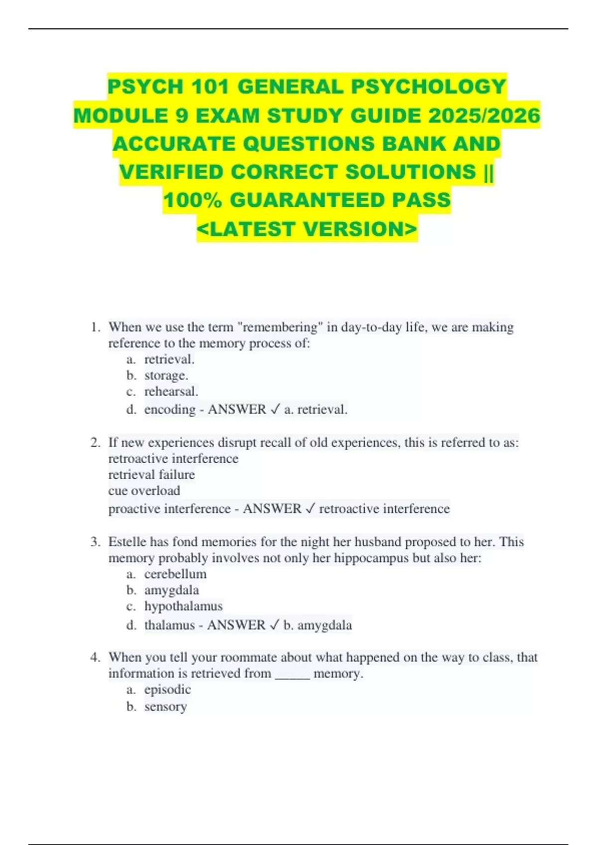 PSYCH 101 GENERAL PSYCHOLOGY MODULE 9 EXAM STUDY GUIDE 2025/2026 ...