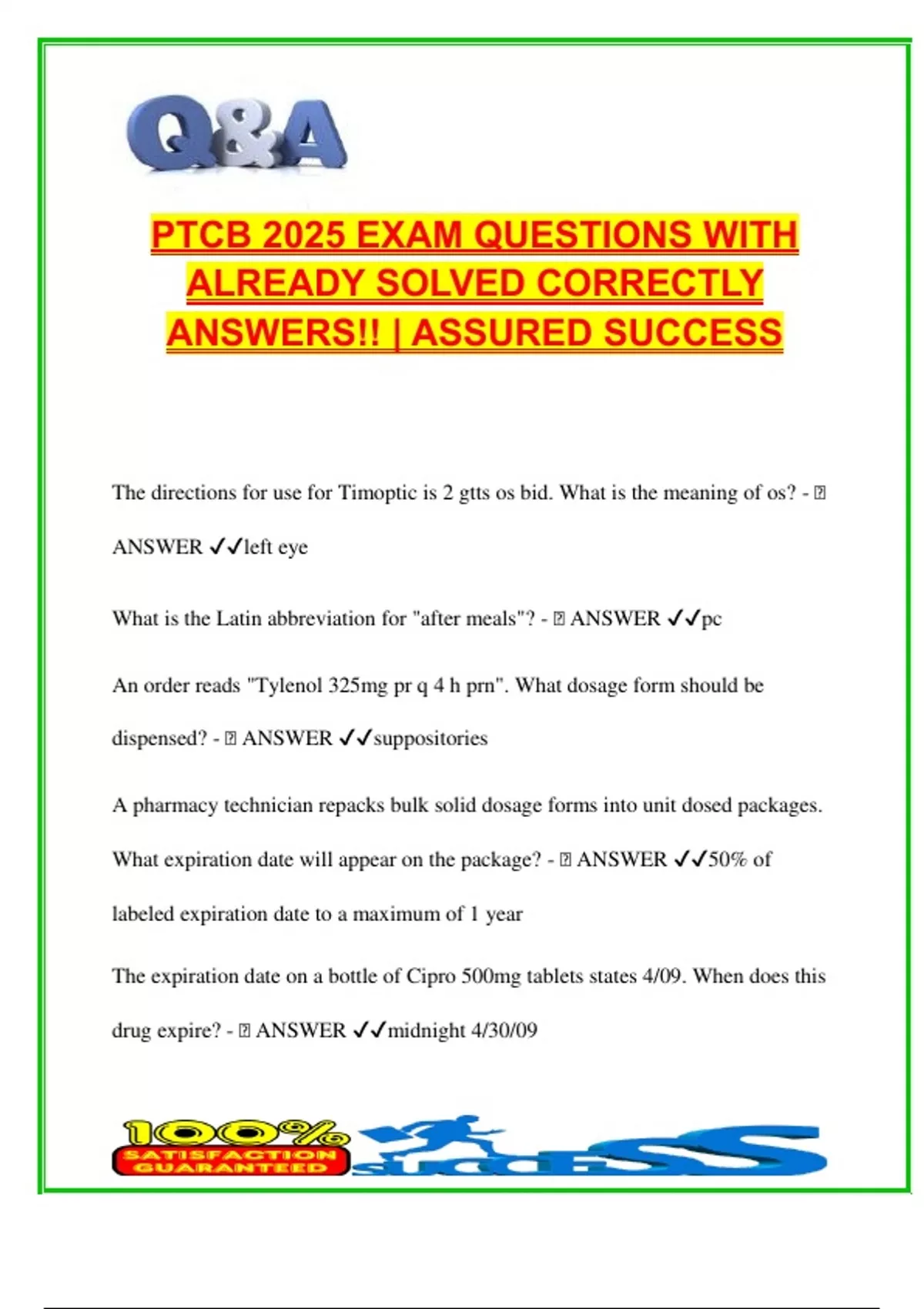PTCB Exam Practice 2025/2026 – 400+ Solved Questions with Correct ...