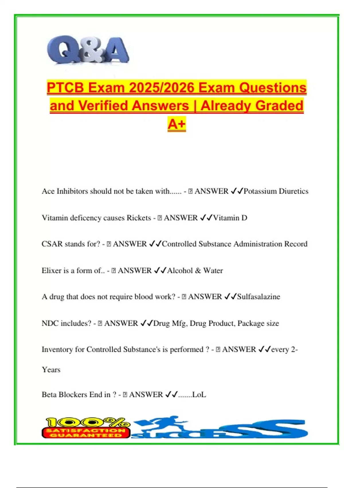 PTCB Exam Prep 2025/2026 – 300+ Verified Questions with Correct Answers ...