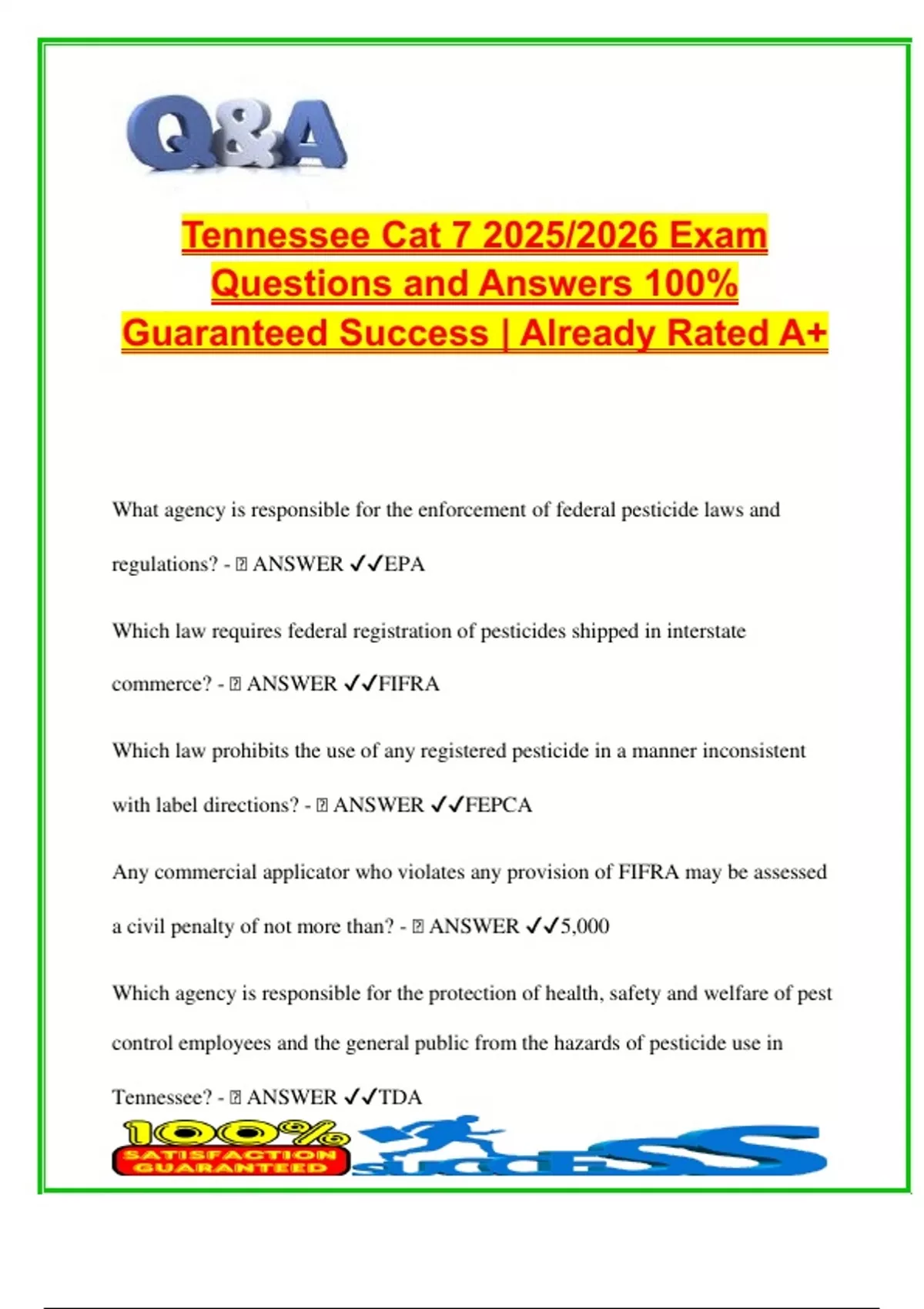 Tennessee Cat 7 Exam 2025/2026 | 120 Questions on Pesticide Laws, IPM ...