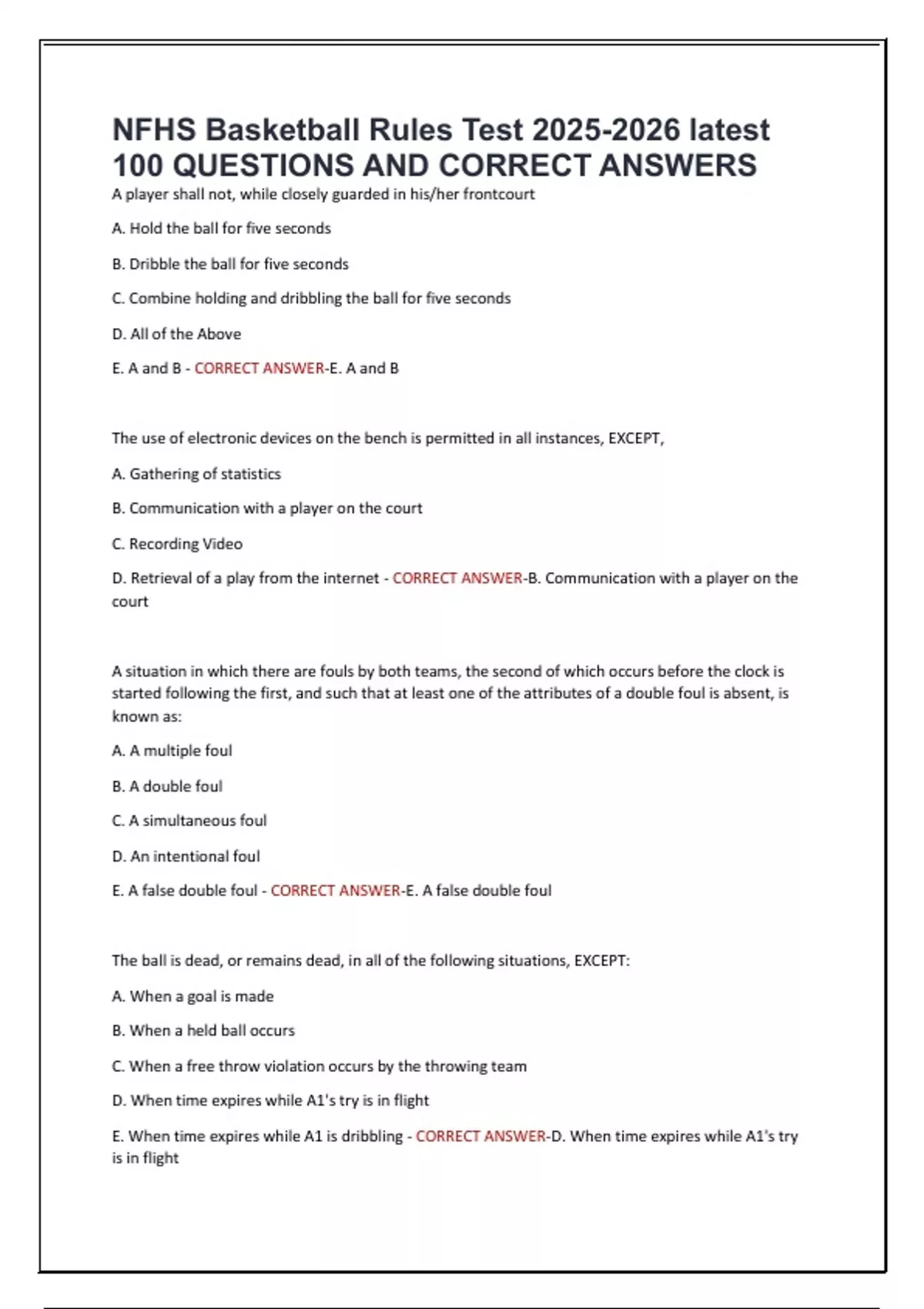 NFHS Basketball Rules Test latest 100 QUESTIONS AND CORRECT ANSWERS ...
