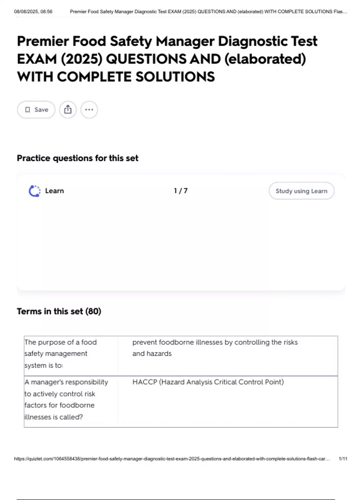 Premier Food Safety Manager Diagnostic Test EXAM (2025) QUESTIONS AND ...