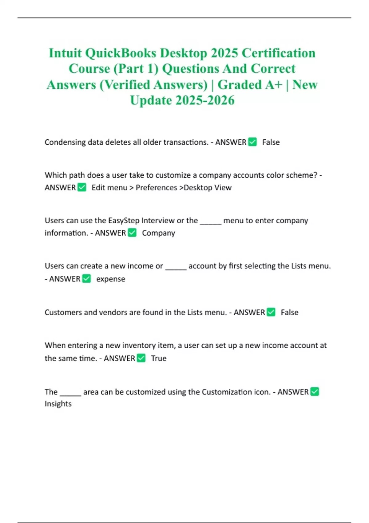 Intuit QuickBooks Desktop 2025 Certification Course (Part 1) Questions ...