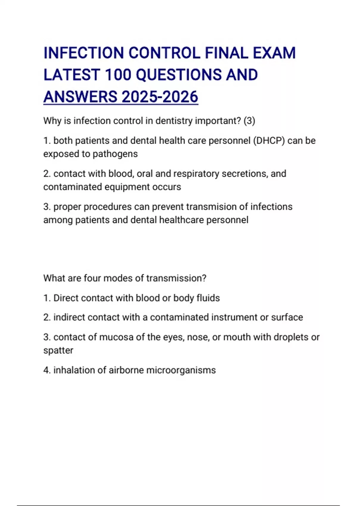 INFECTION CONTROL FINAL EXAM LATEST 100 QUESTIONS AND ANSWERS ...