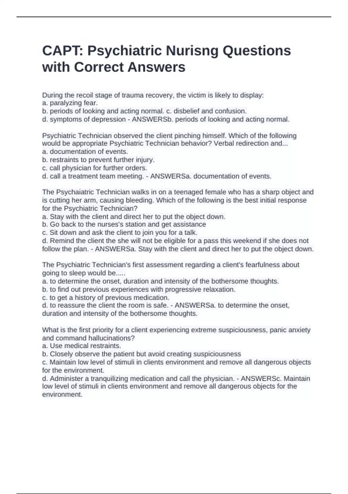 CAPT: Psychiatric Nurisng Questions with Correct Answers - CAPT ...