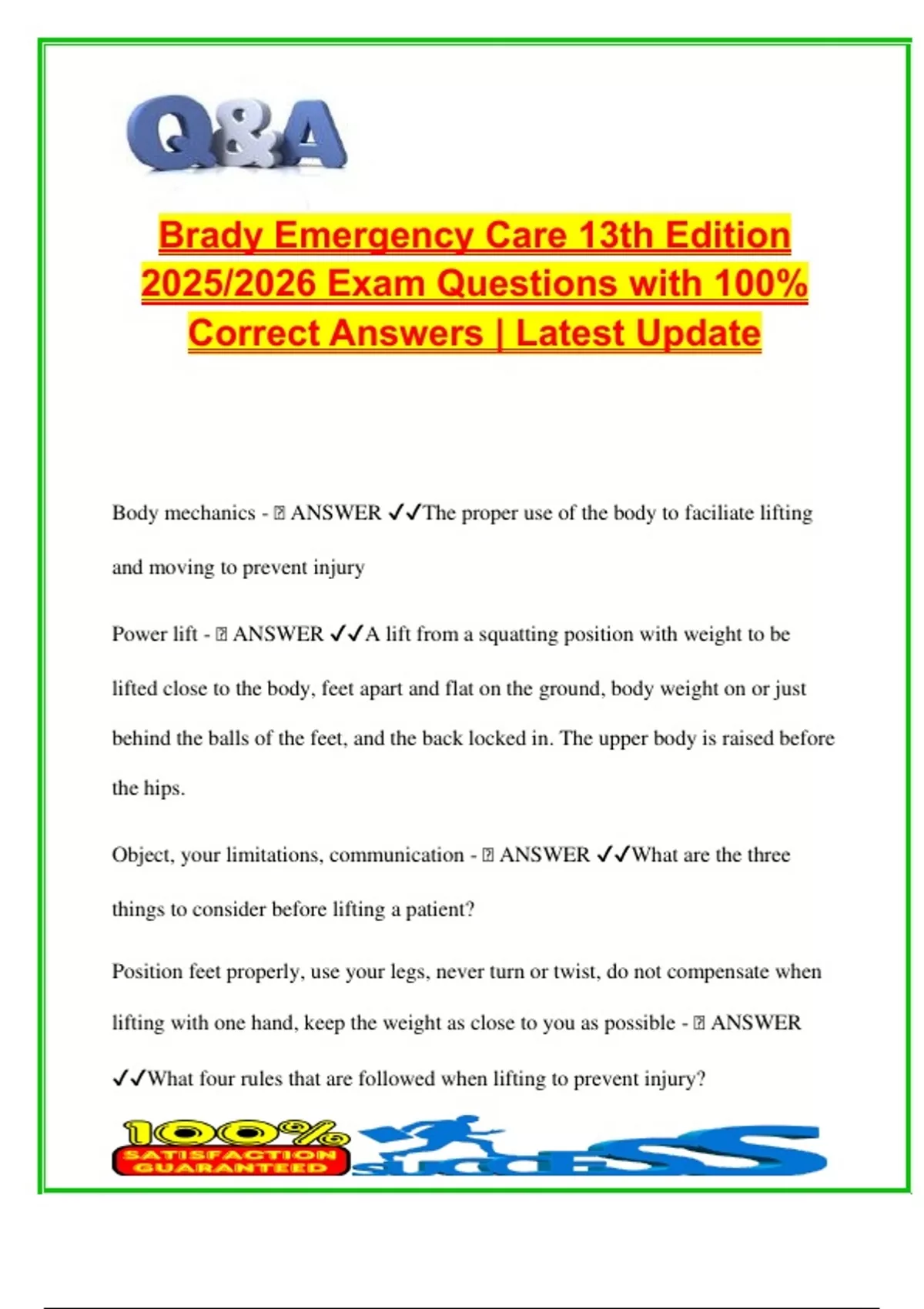 Brady Emergency Care 13th Edition Exam Prep 2025/2026 – 300+ Lifting ...