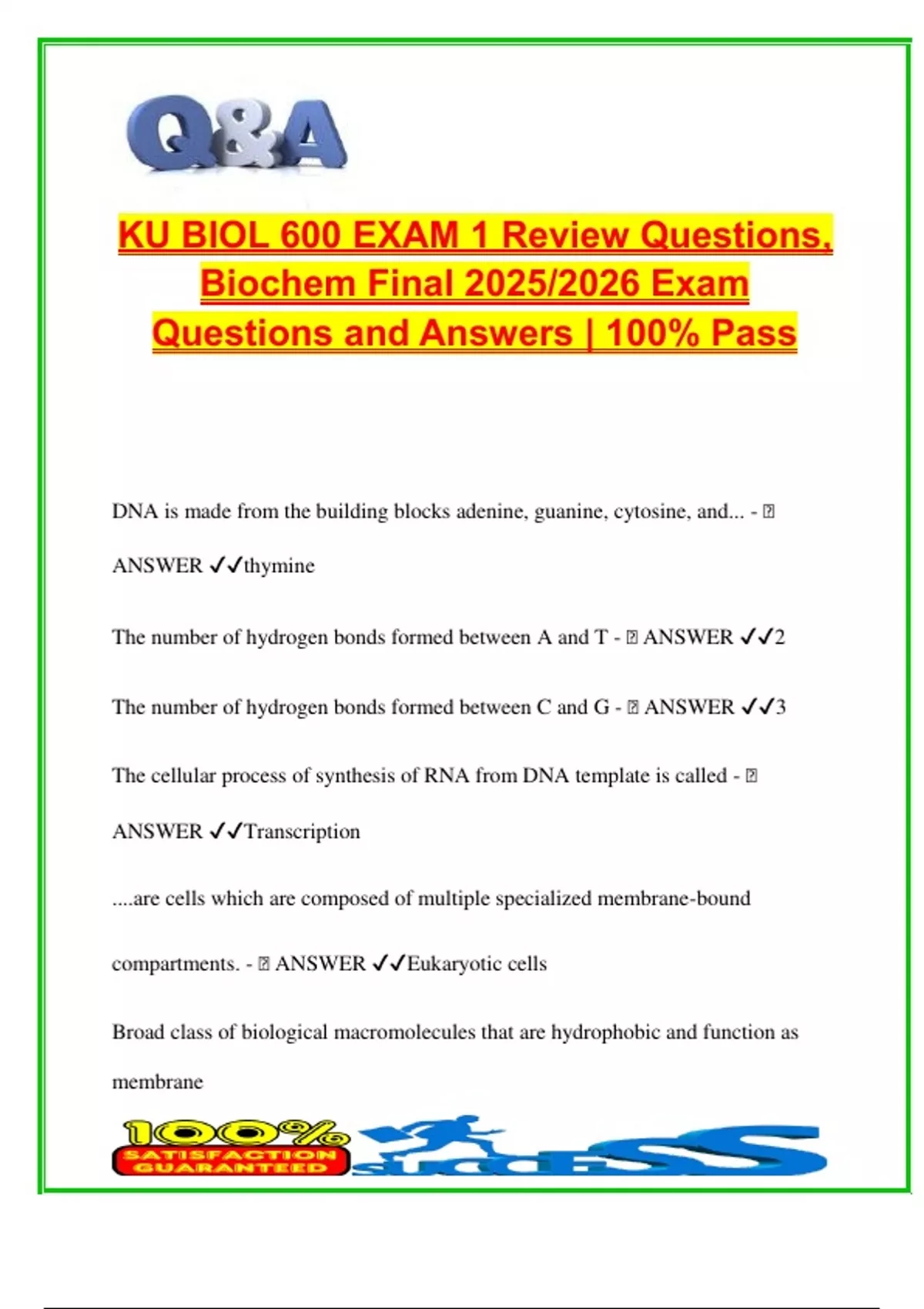 KU BIOL 600 – Exam 1 Review (2025/2026) – 200+ Biochemistry Q&A on ...