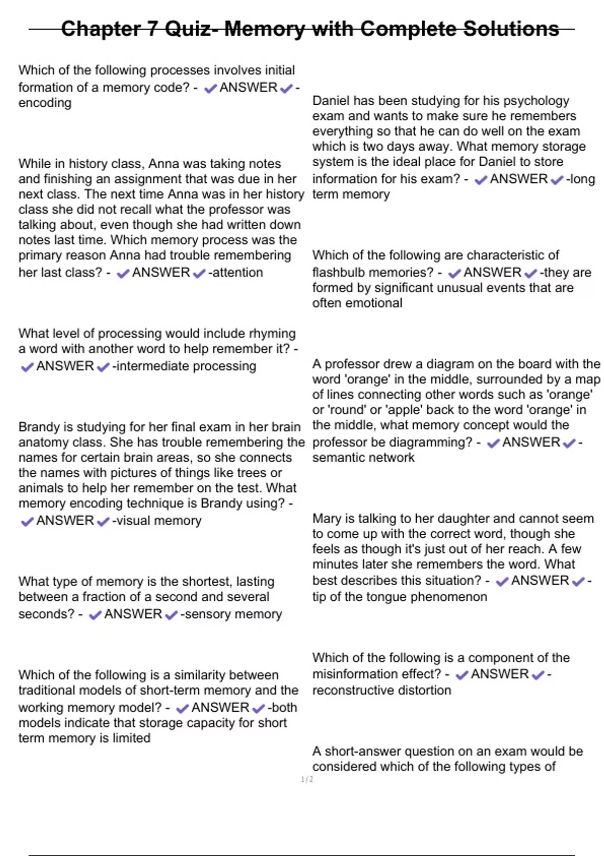 Chapter 7 Quiz- Memory with Complete Solutions - Chapter 7 Memory ...