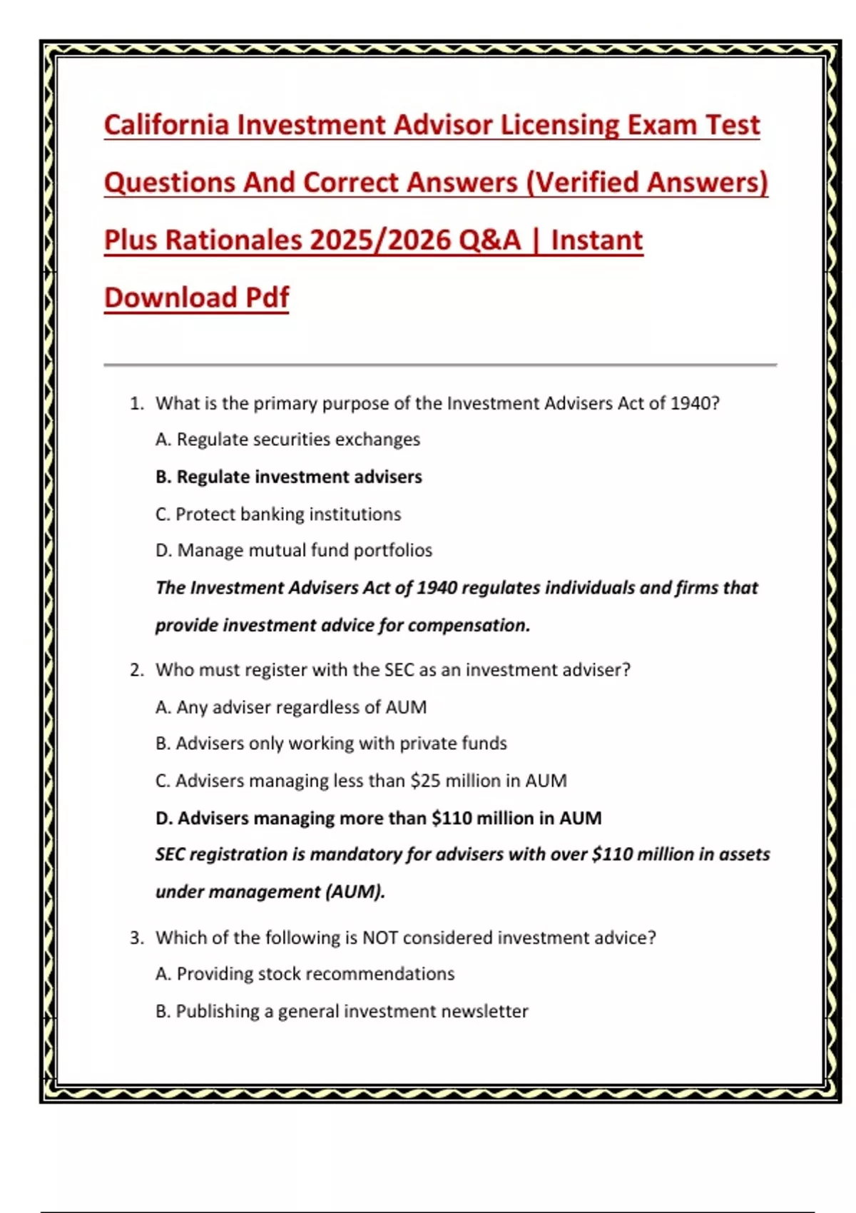 California Investment Advisor Licensing Exam Test Questions And Correct ...