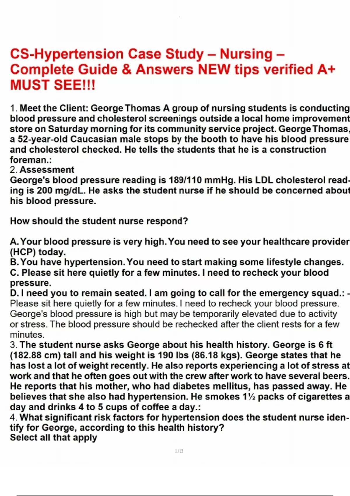 CS-Hypertension Case Study – Nursing – Complete Guide & Answers NEW ...