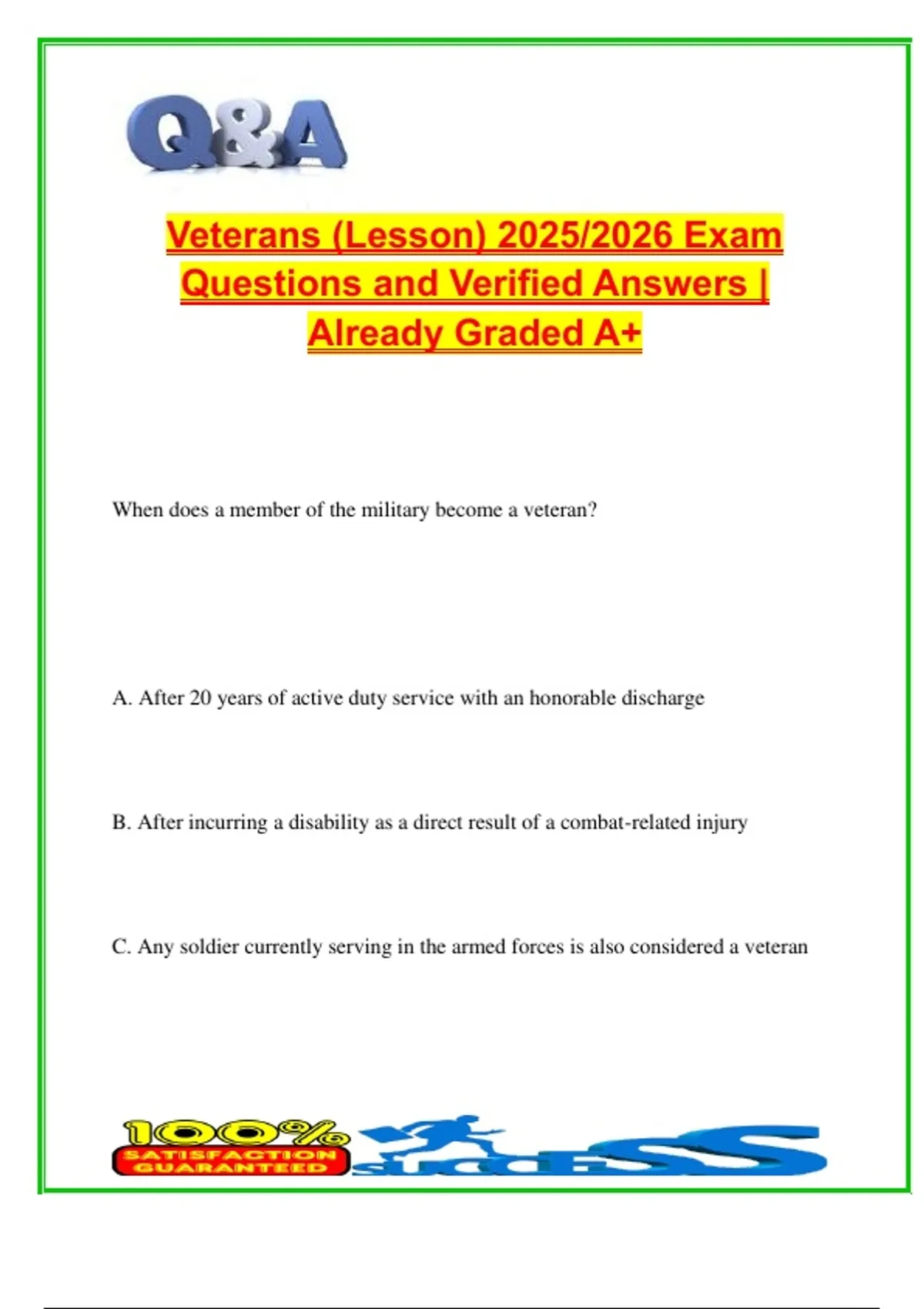 Veterans (Lesson) 2025/2026 – 60 Verified Exam Questions & Answers ...