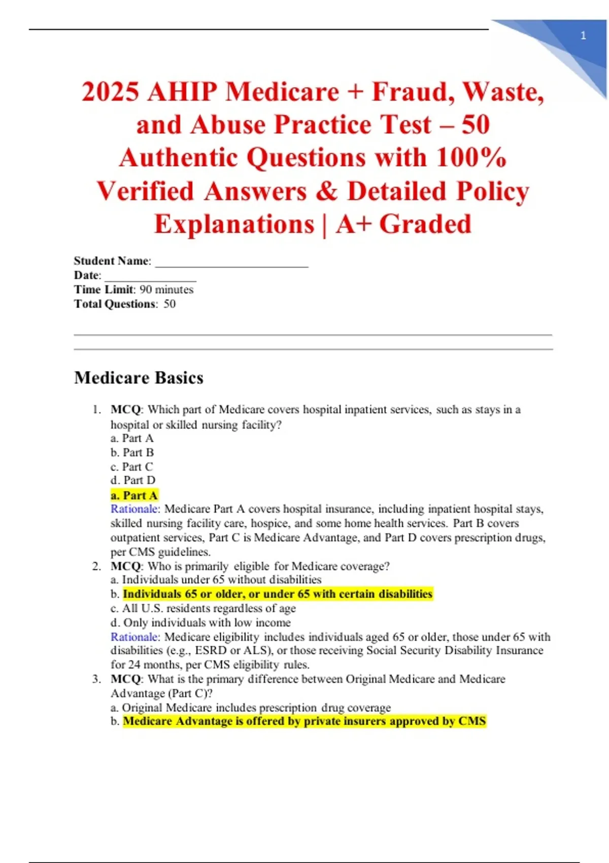 2025 AHIP Medicare + Fraud, Waste, and Abuse Practice Test – 50 ...
