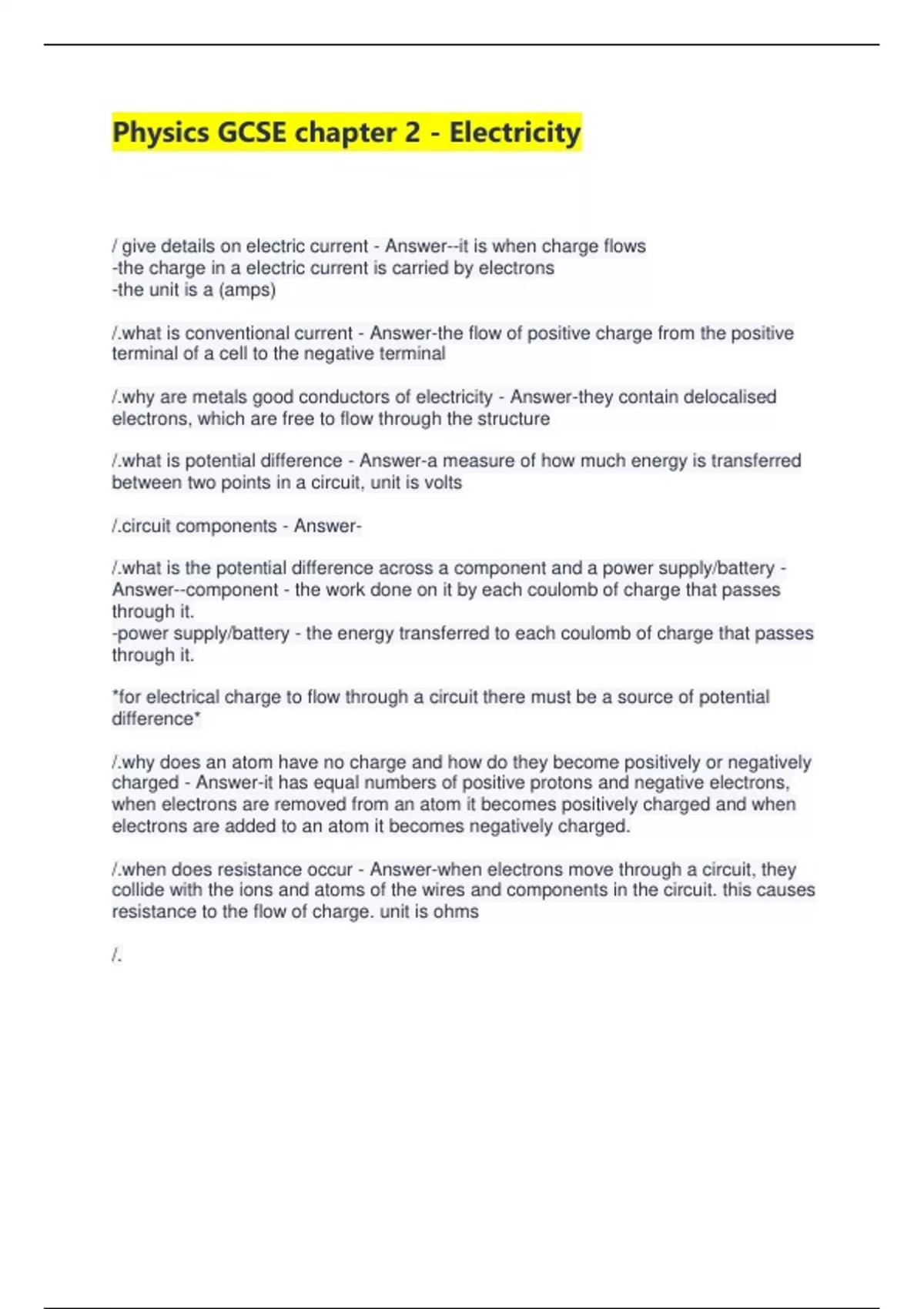 Physics GCSE chapter 2 - Electricity - Physics GCSE chapter 2 ...