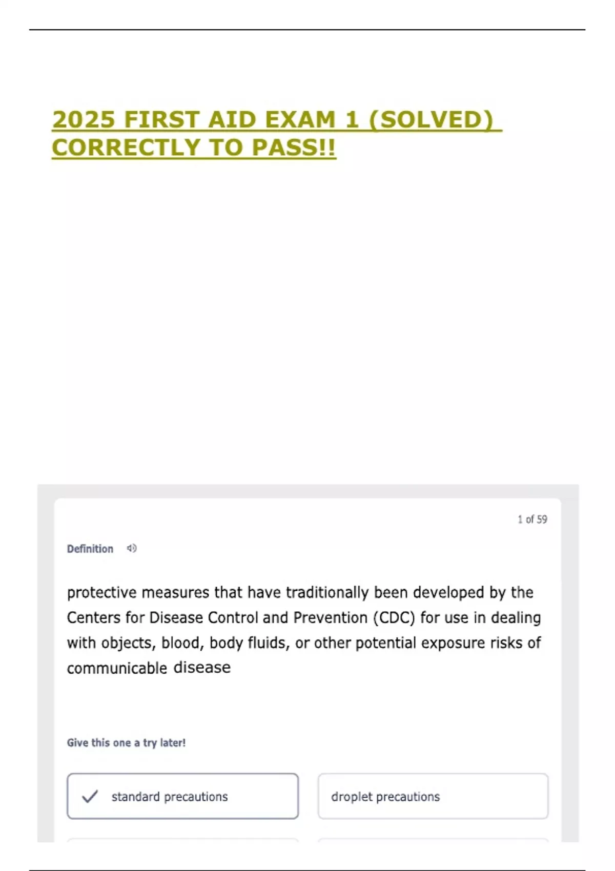 2025 FIRST AID EXAM 1 (SOLVED) CORRECTLY TO PASS!! - FIRST AID - Stuvia US