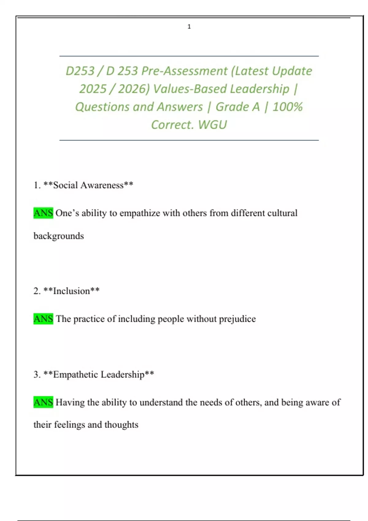 D253 / D 253 Pre-Assessment (Latest Update 2025 / 2026) Values-Based ...