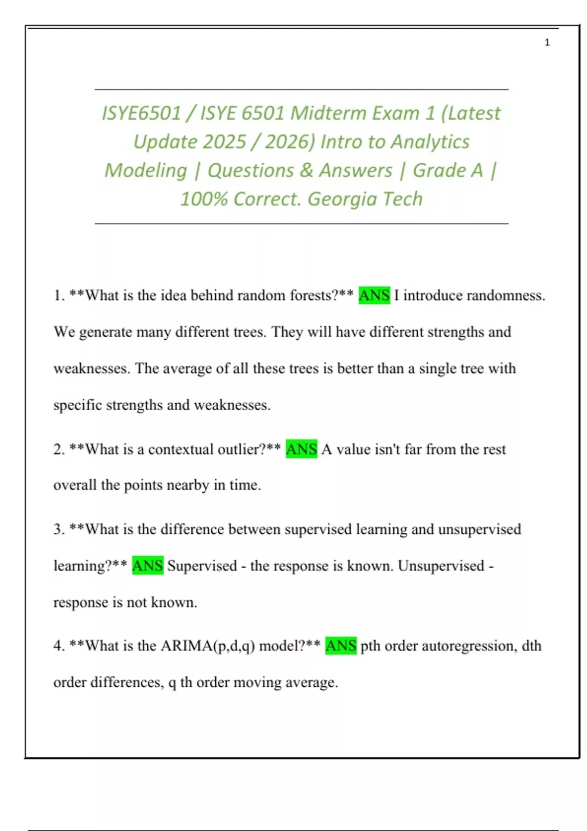 ISYE 6501 – Intro to Analytics Modeling (Georgia Tech, 2025/2026) Midterm Exam 1 Questions and ...
