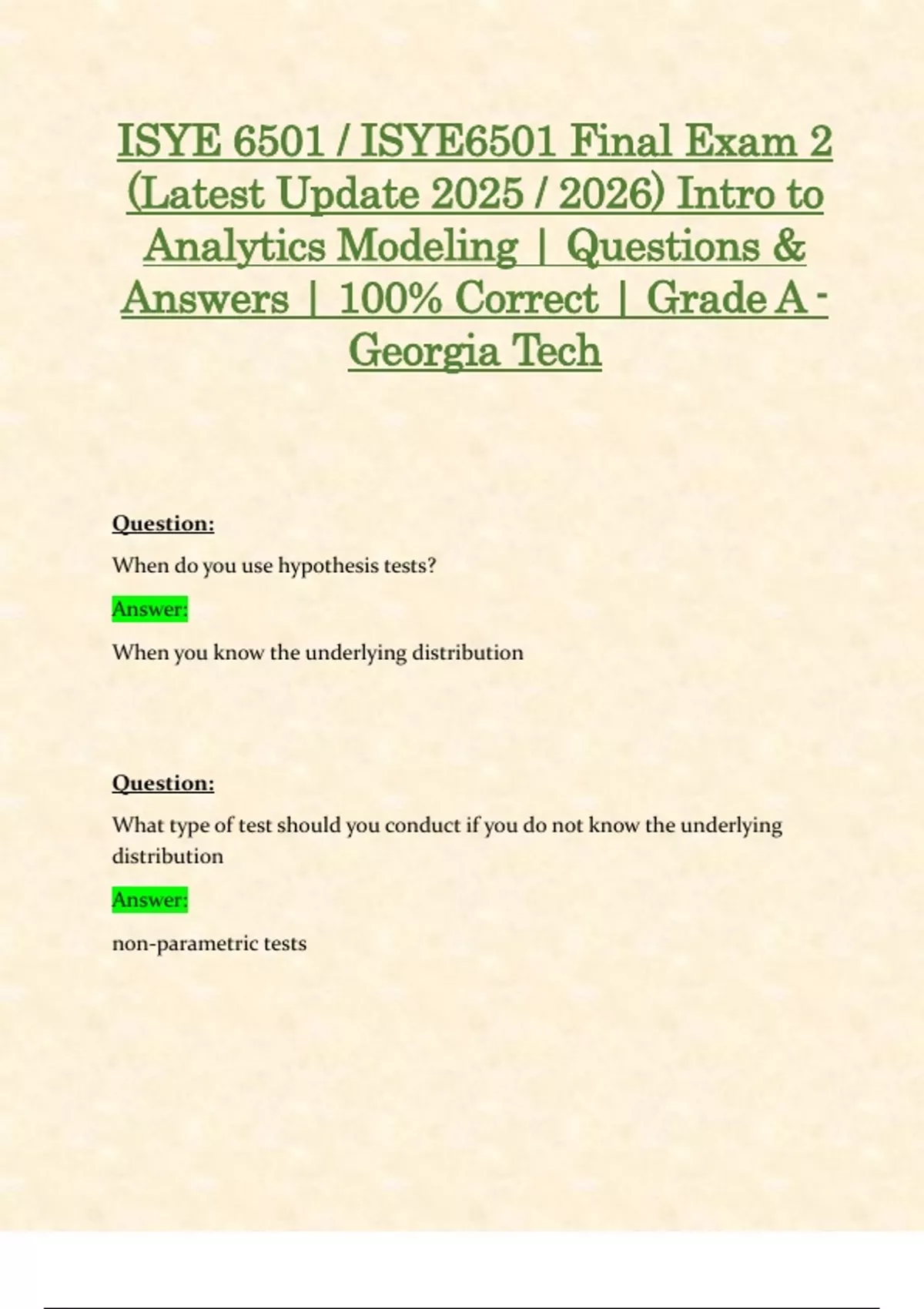 ISYE 6501 / ISYE6501 Final Exam 2 (Latest Update 2025 / 2026) Intro to ...