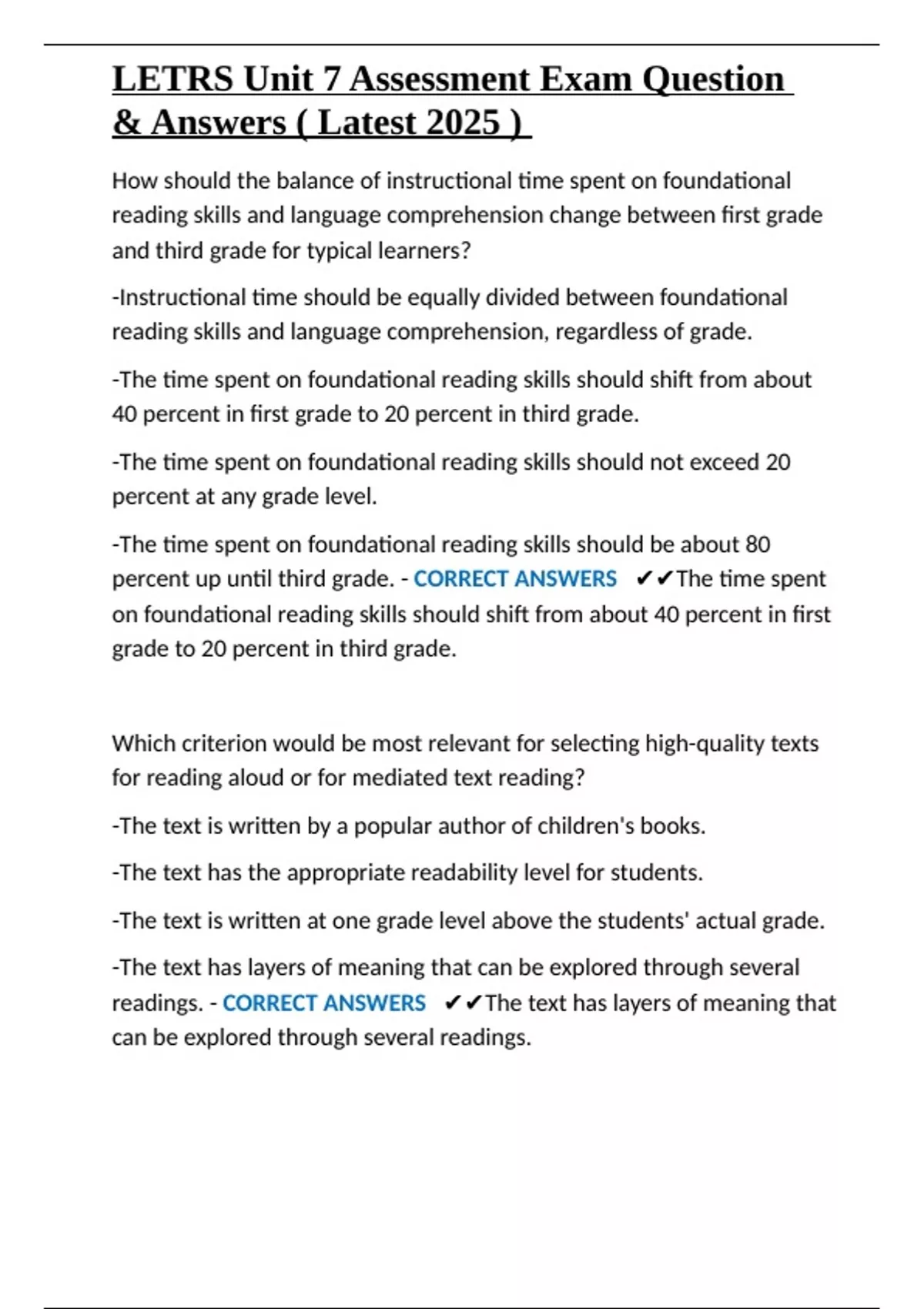 LETRS Unit 7 Assessment Exam Question & Answers ( Latest 2025 ).docx ...