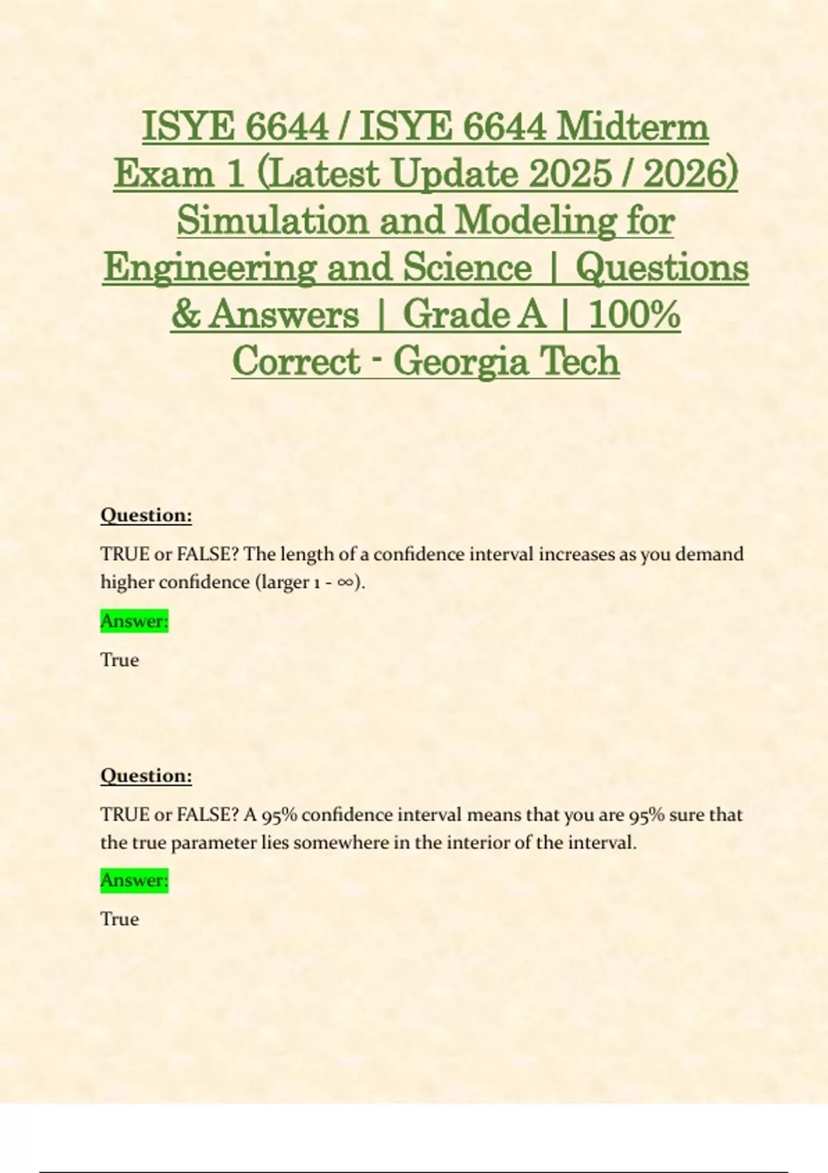 ISYE 6644 / ISYE 6644 Midterm Exam 1, Midterm Exam 2 & Final Exam ...