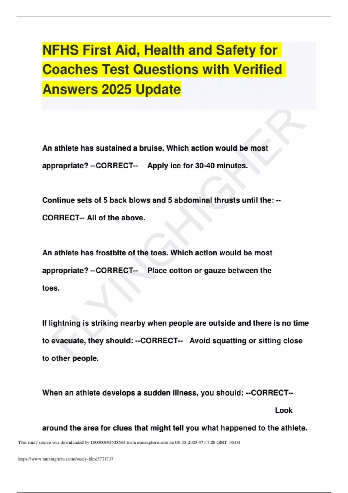 NFHS First Aid, Health and Safety for Coaches Test Questions with ...
