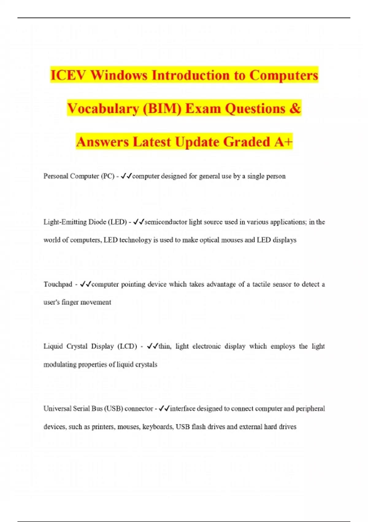 ICEV Windows Introduction to Computers Vocabulary (BIM) Exam Questions ...