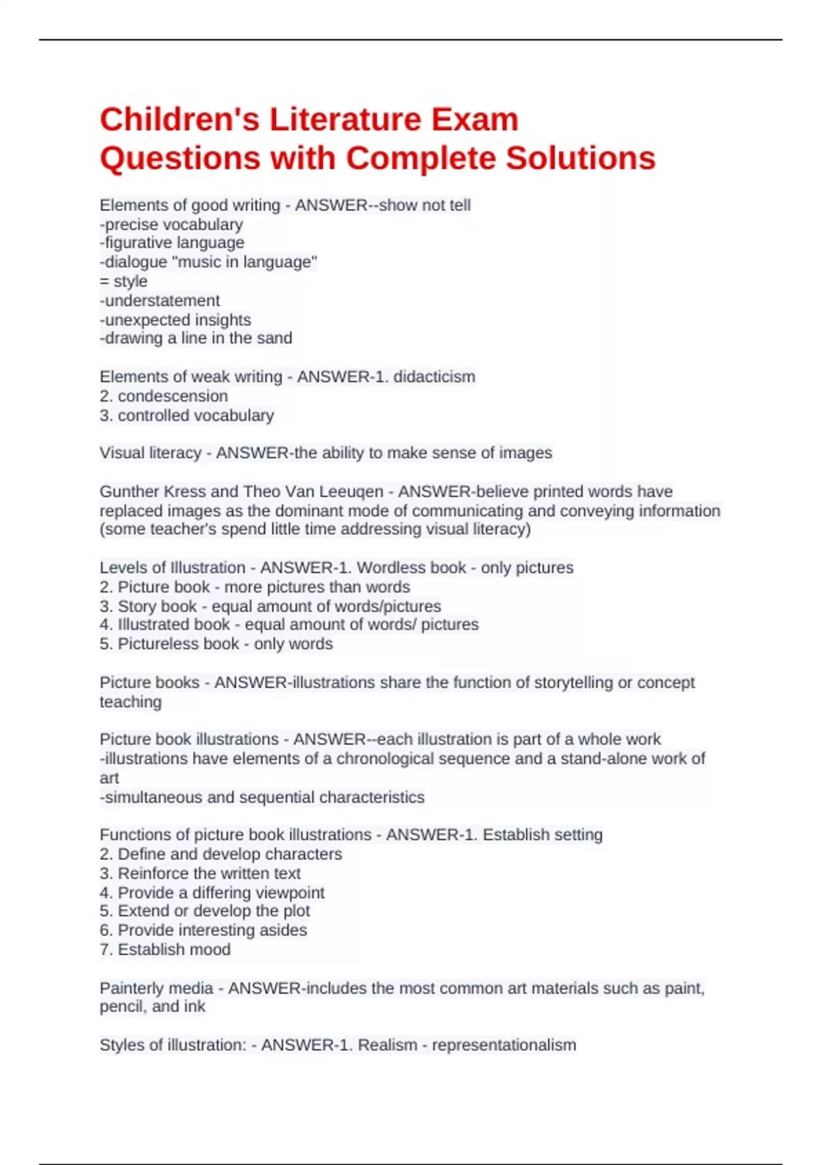 CHILDREN'S LITERATURE EXAM QUESTIONS WITH COMPLETE SOLUTIONS - Children ...
