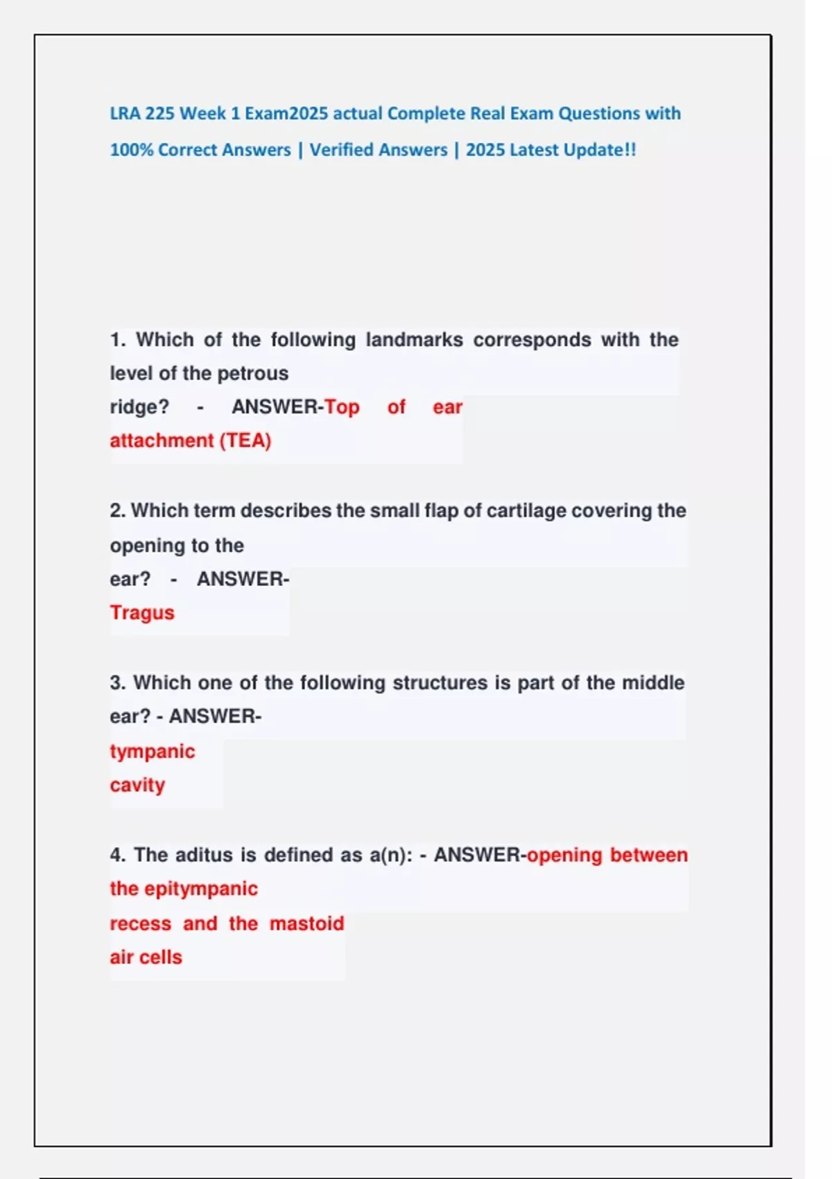 LRA 225 Week 1 Exam2025 actual Complete Real Exam Questions with 100% ...