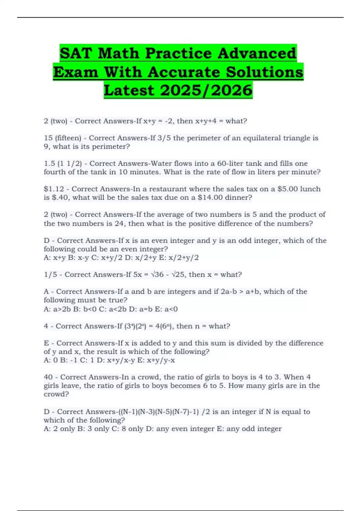 SAT Math Practice Advanced Exam With Accurate Solutions Latest 2025/ ...