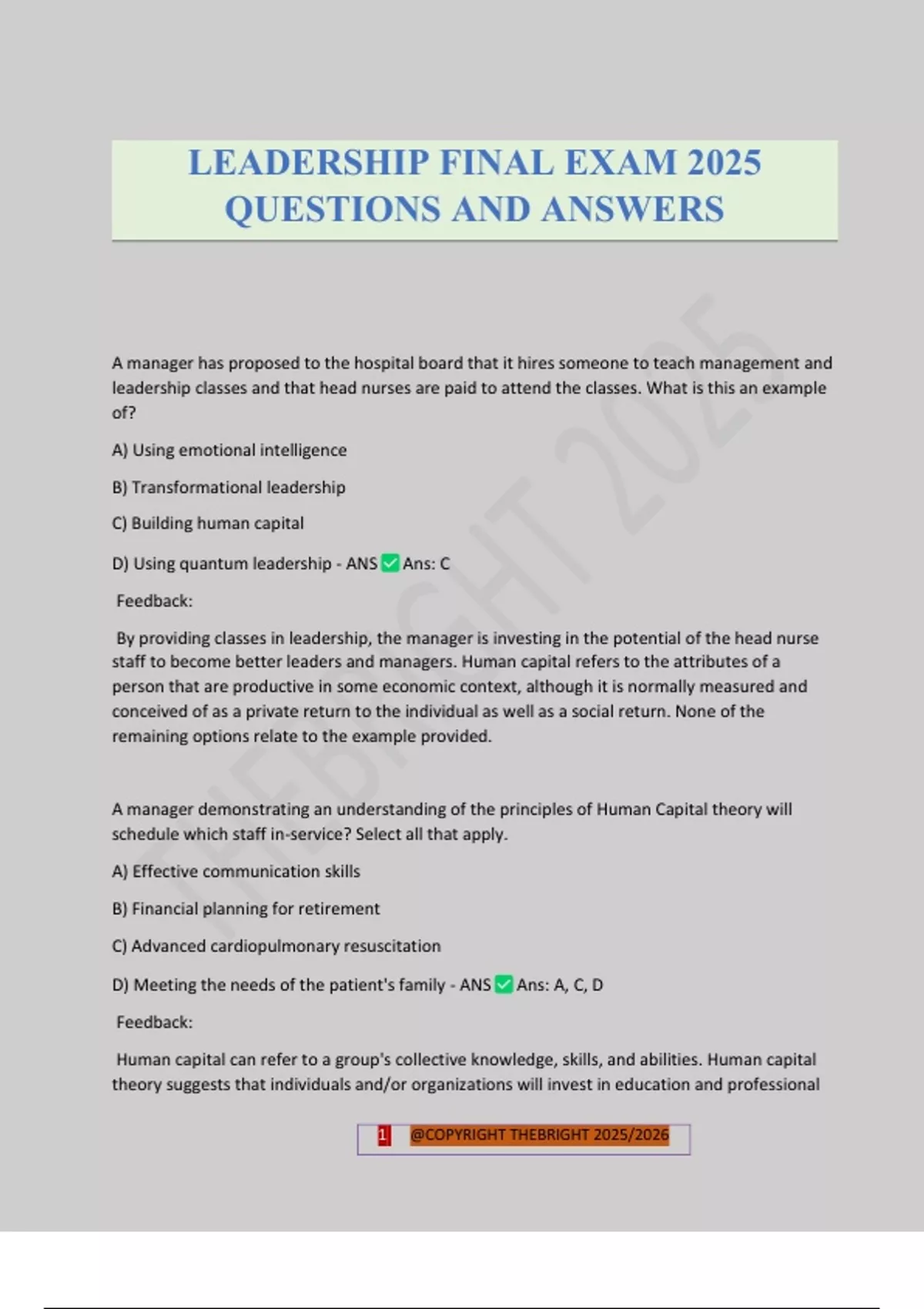 LEADERSHIP FINAL EXAM 2025 QUESTIONS AND ANSWERS - LEADERSHIP - Stuvia US