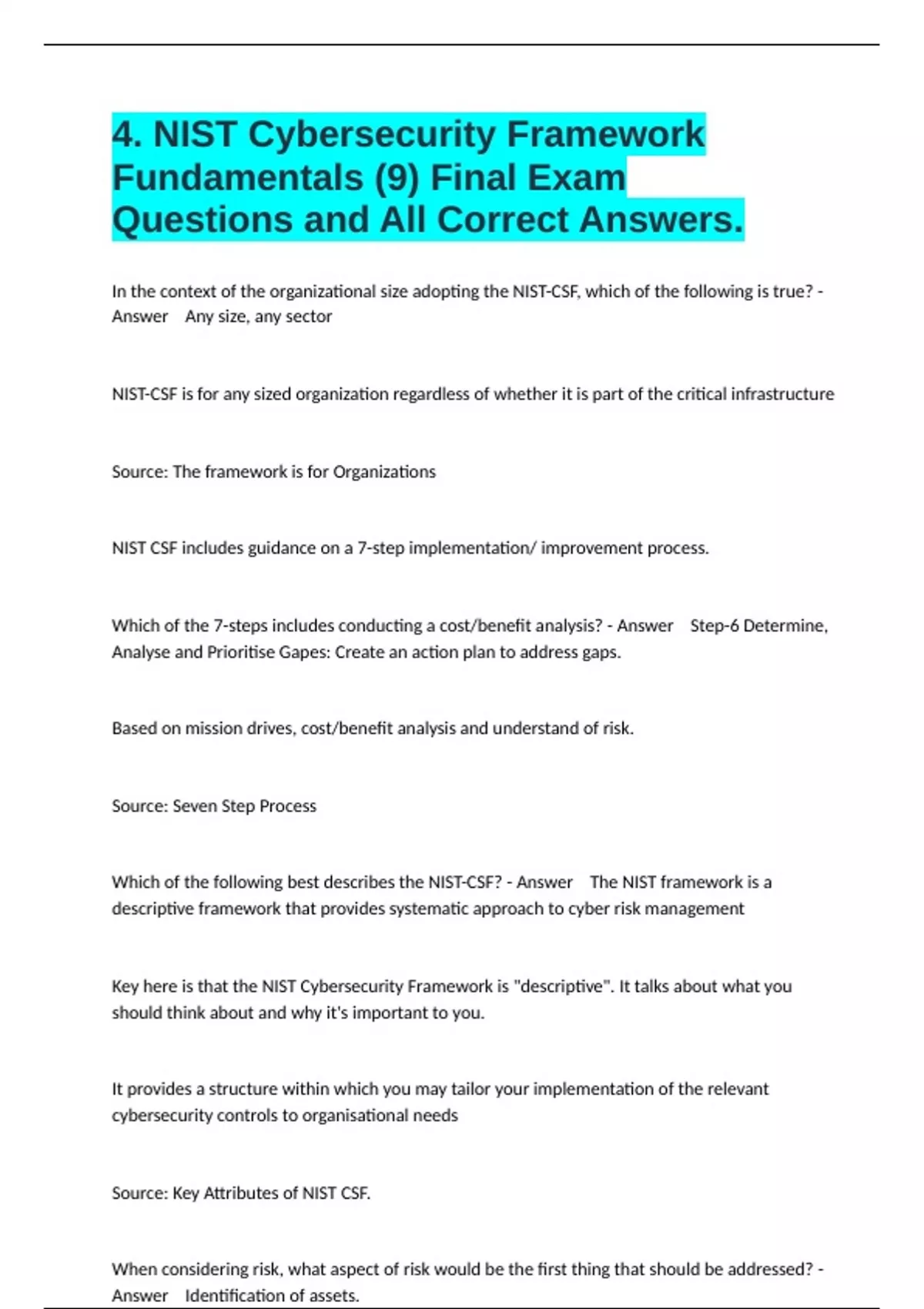 4. NIST Cybersecurity Framework Fundamentals (9) Final Exam Questions ...