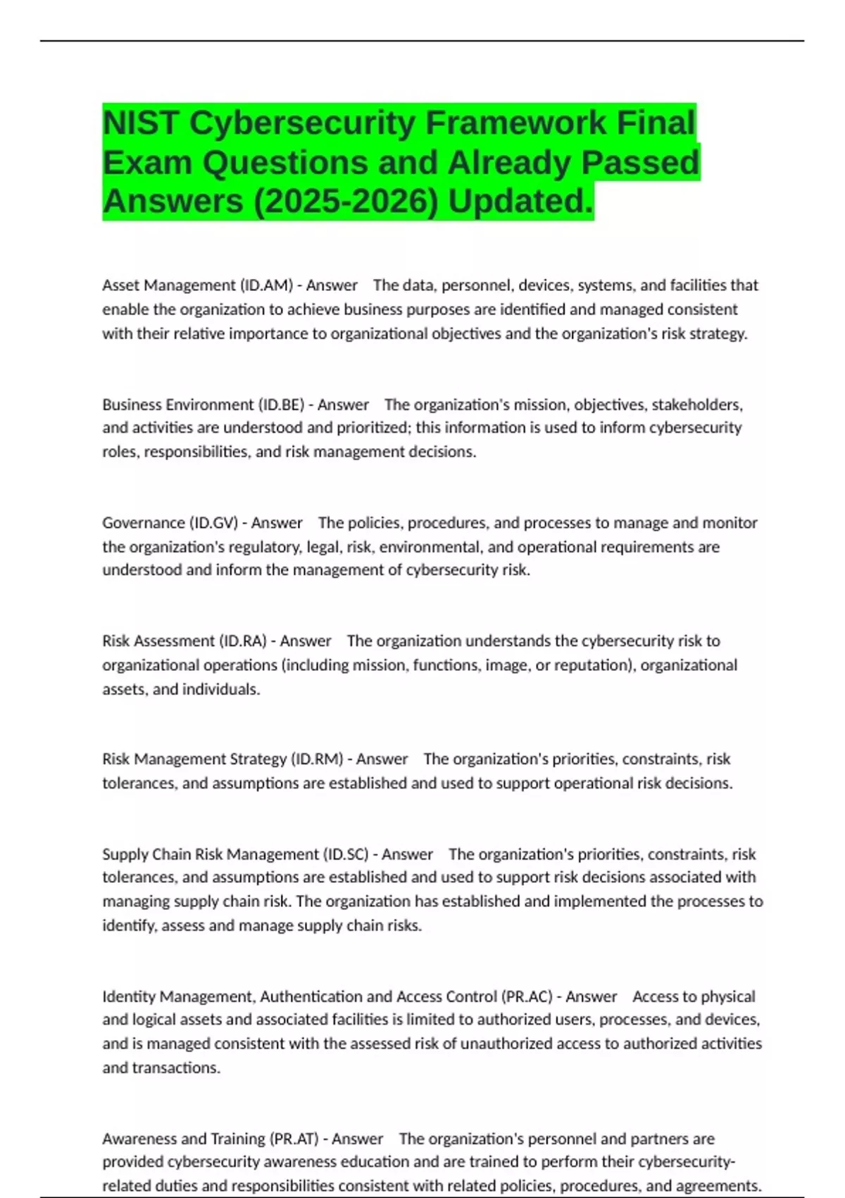 NIST Cybersecurity Framework Final Exam Questions and Already Passed ...