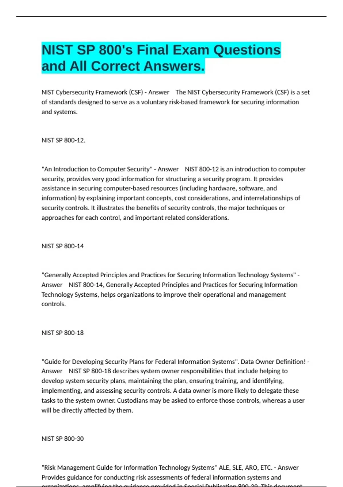 NIST SP 800's Final Exam Questions and All Correct Answers. - Cyber ...