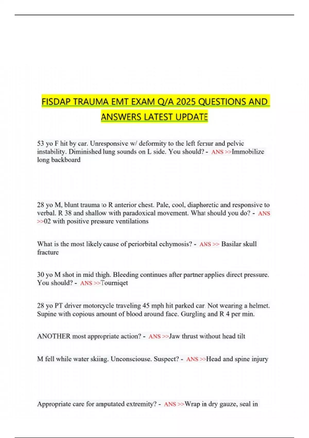 FISDAP TRAUMA EMT EXAM Q/A 2025 QUESTIONS AND ANSWERS LATEST UPDATE ...