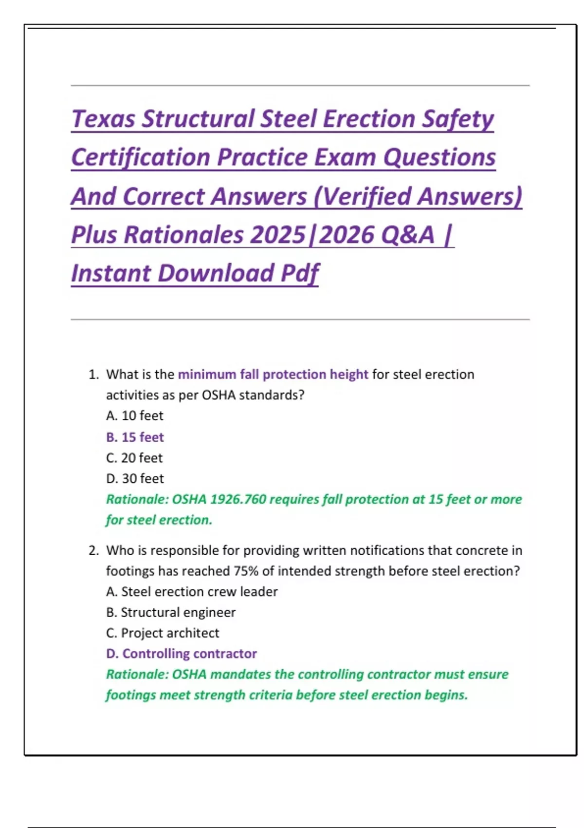 Texas Structural Steel Erection Safety Certification Practice Exam Questions And Correct Answers ...