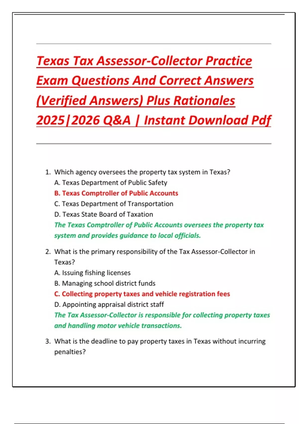 Texas Tax Assessor-Collector Practice Exam Questions And Correct ...
