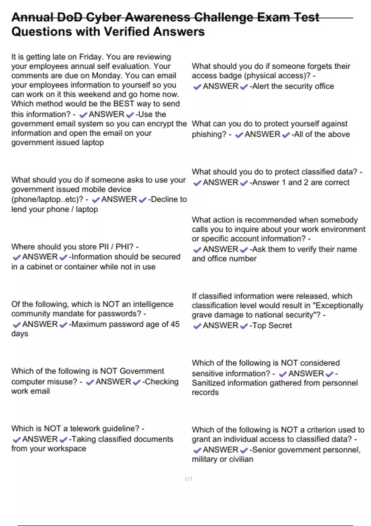 Annual Dod Cyber Awareness Challenge Exam Test Questions With Verified Answers Annual Dod