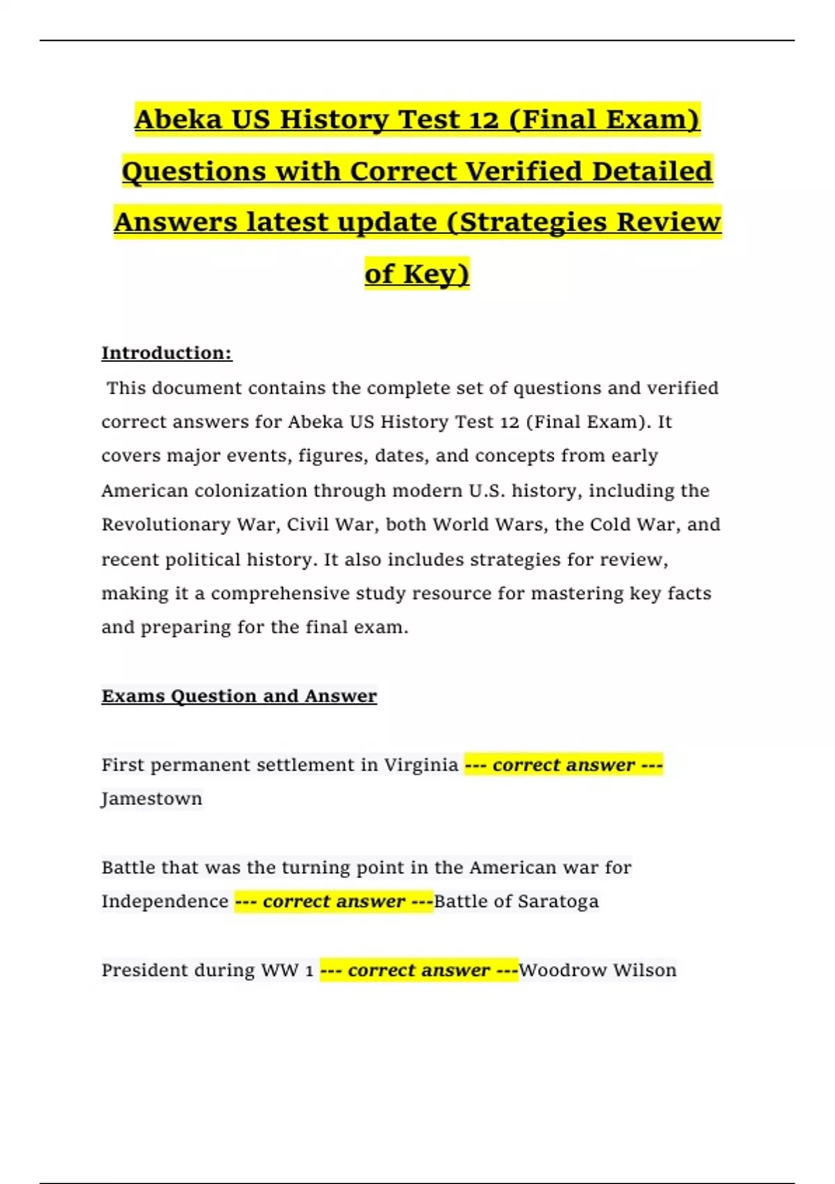 Abeka US History Test 12 (Final Exam) Questions with Correct Verified ...