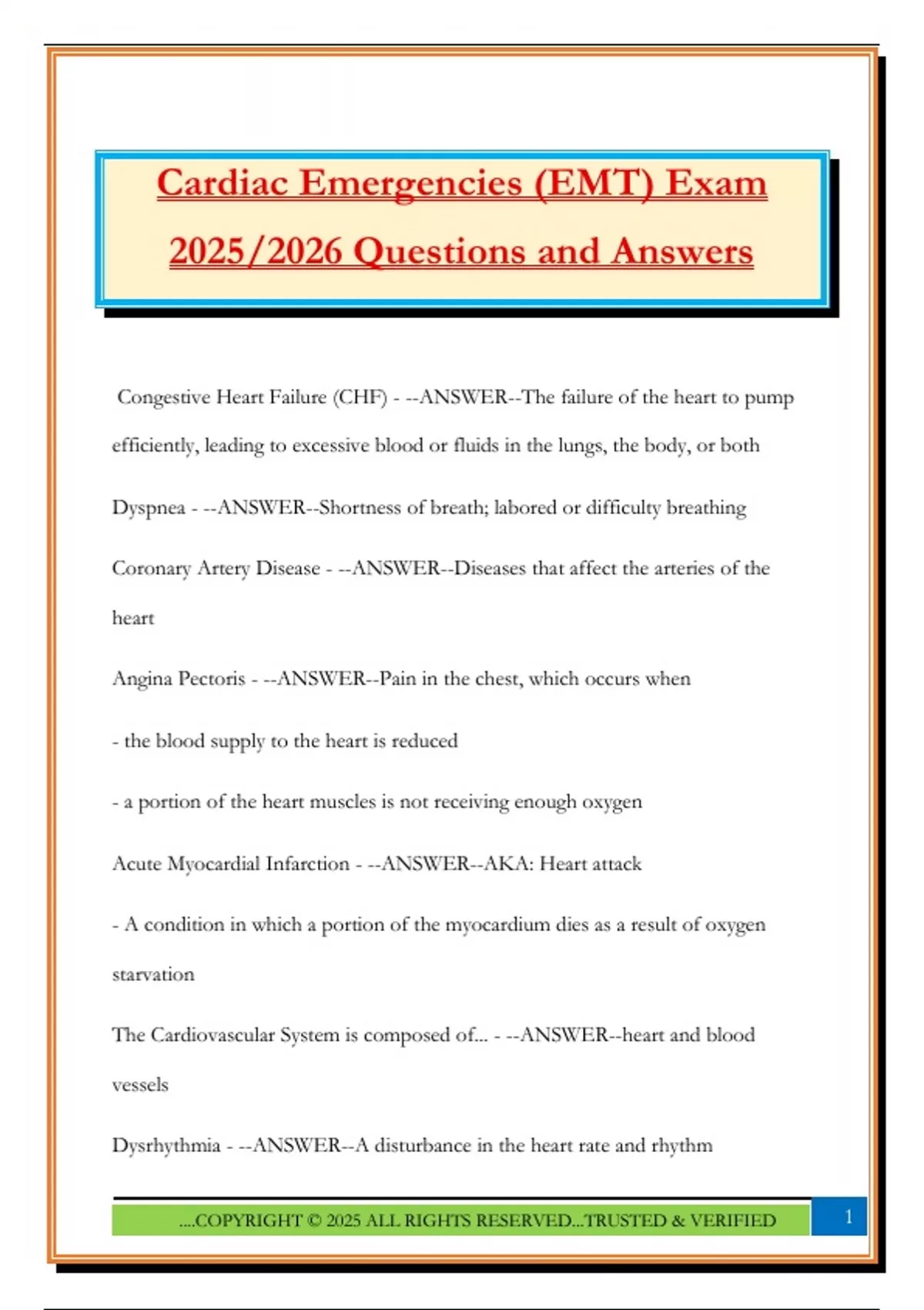 Cardiac Emergencies (EMT) Exam 2025/2026 Questions and Answers - EMT ...