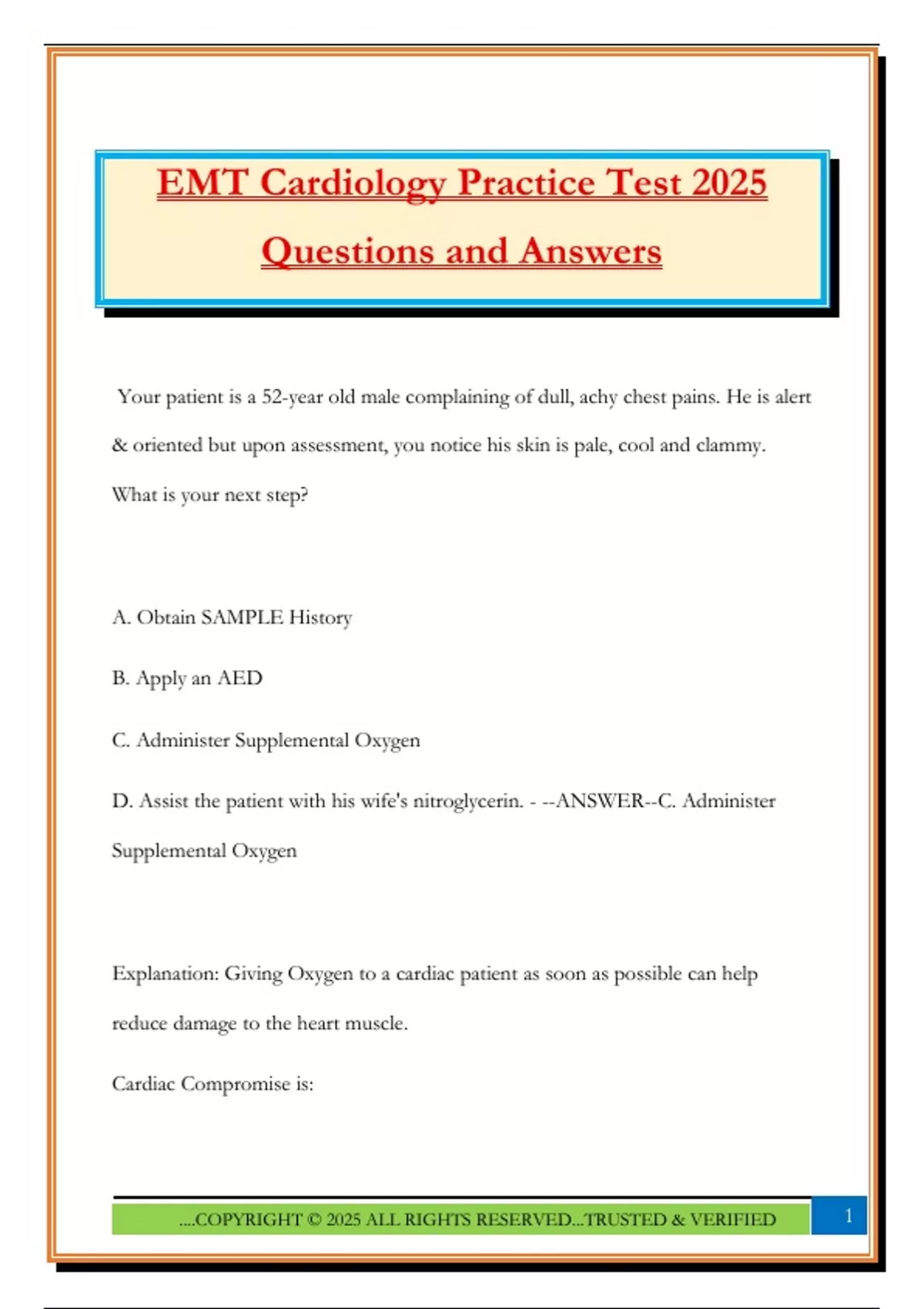 EMT Cardiology Practice Test 2025 Questions and Answers - EMT - Stuvia US