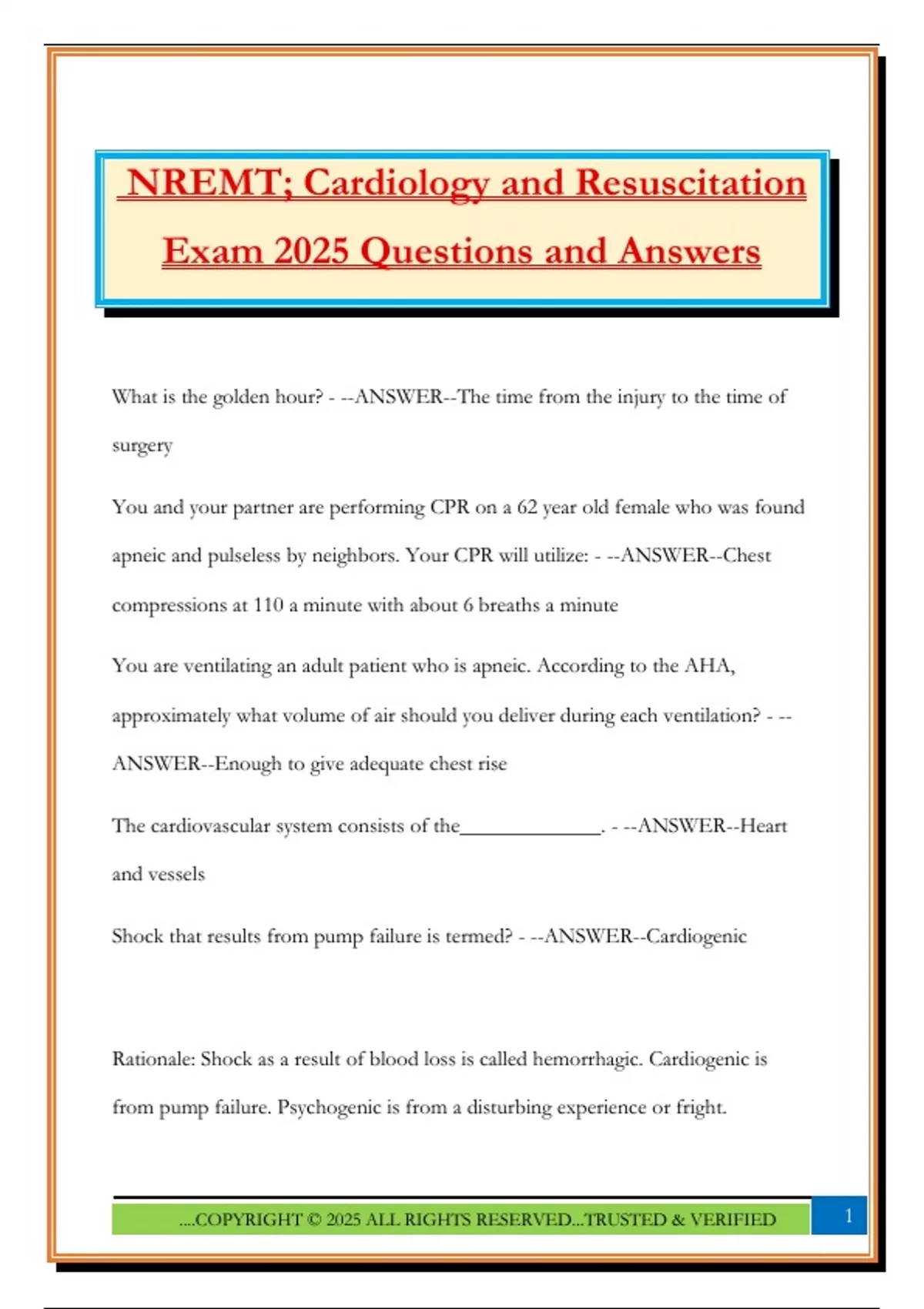 NREMT; Cardiology and Resuscitation Exam 2025 Questions and Answers ...