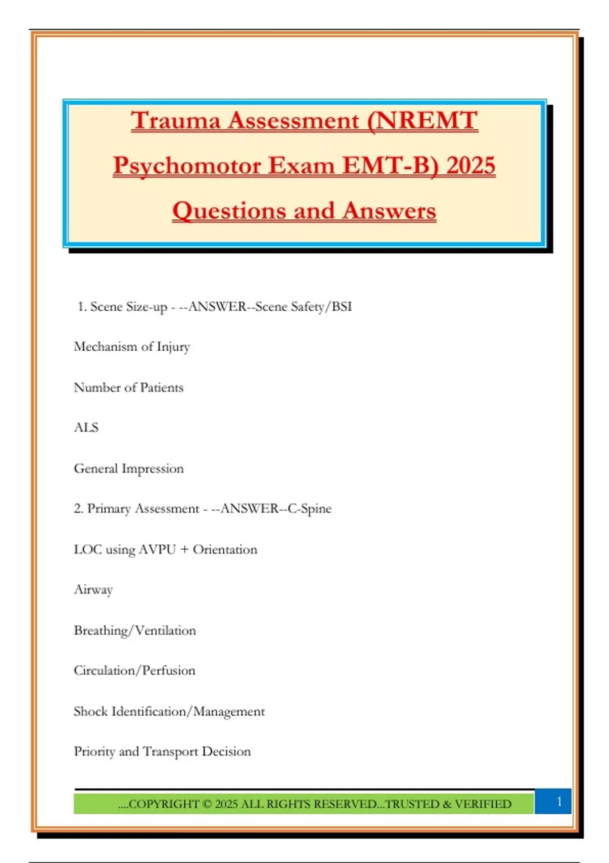 Trauma Assessment (NREMT Psychomotor Exam EMT-B) 2025 Questions and ...