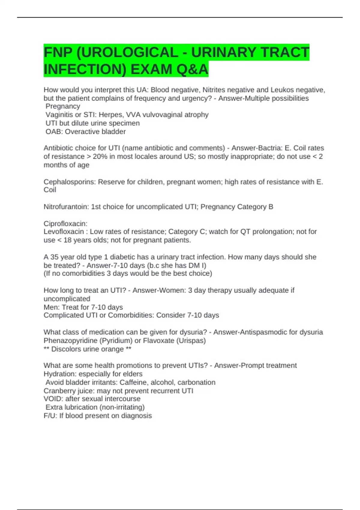 FNP (UROLOGICAL - URINARY TRACT INFECTION) EXAM Q&A - UTI - Stuvia US
