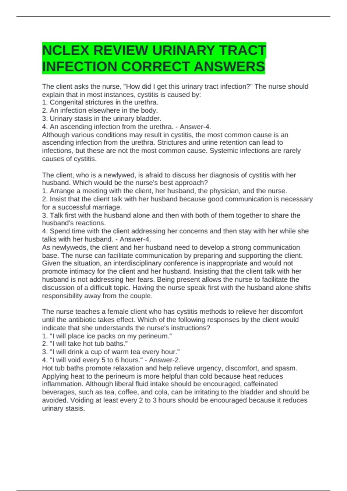 NCLEX REVIEW URINARY TRACT INFECTION CORRECT ANSWERS - UTI - Stuvia US