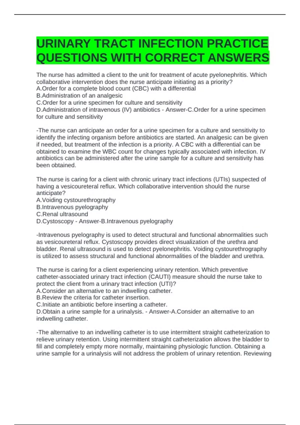 URINARY TRACT INFECTION PRACTICE QUESTIONS WITH CORRECT ANSWERS - UTI ...