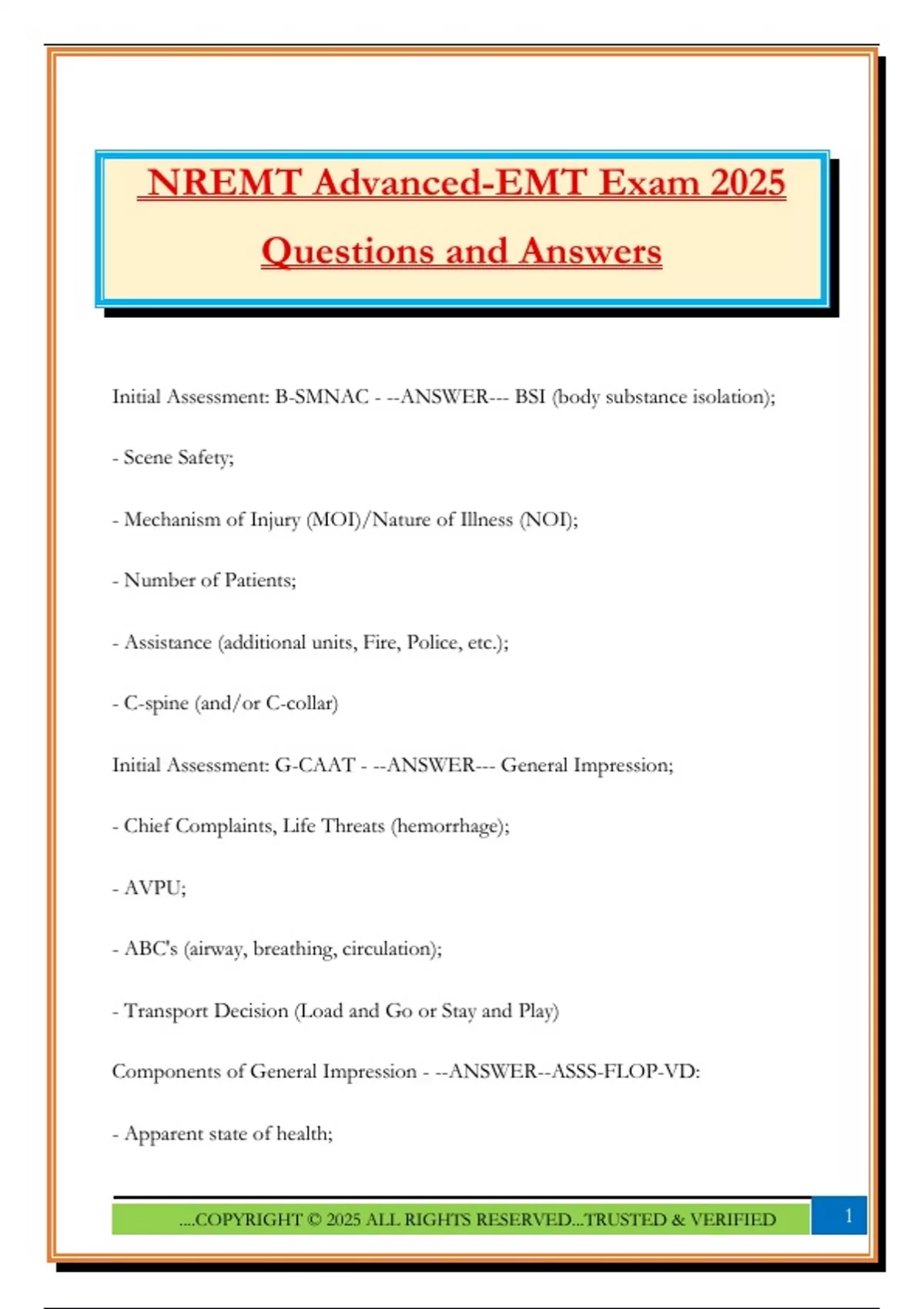 NREMT Advanced-EMT Exam 2025 Questions and Answers - NREMT - Stuvia US
