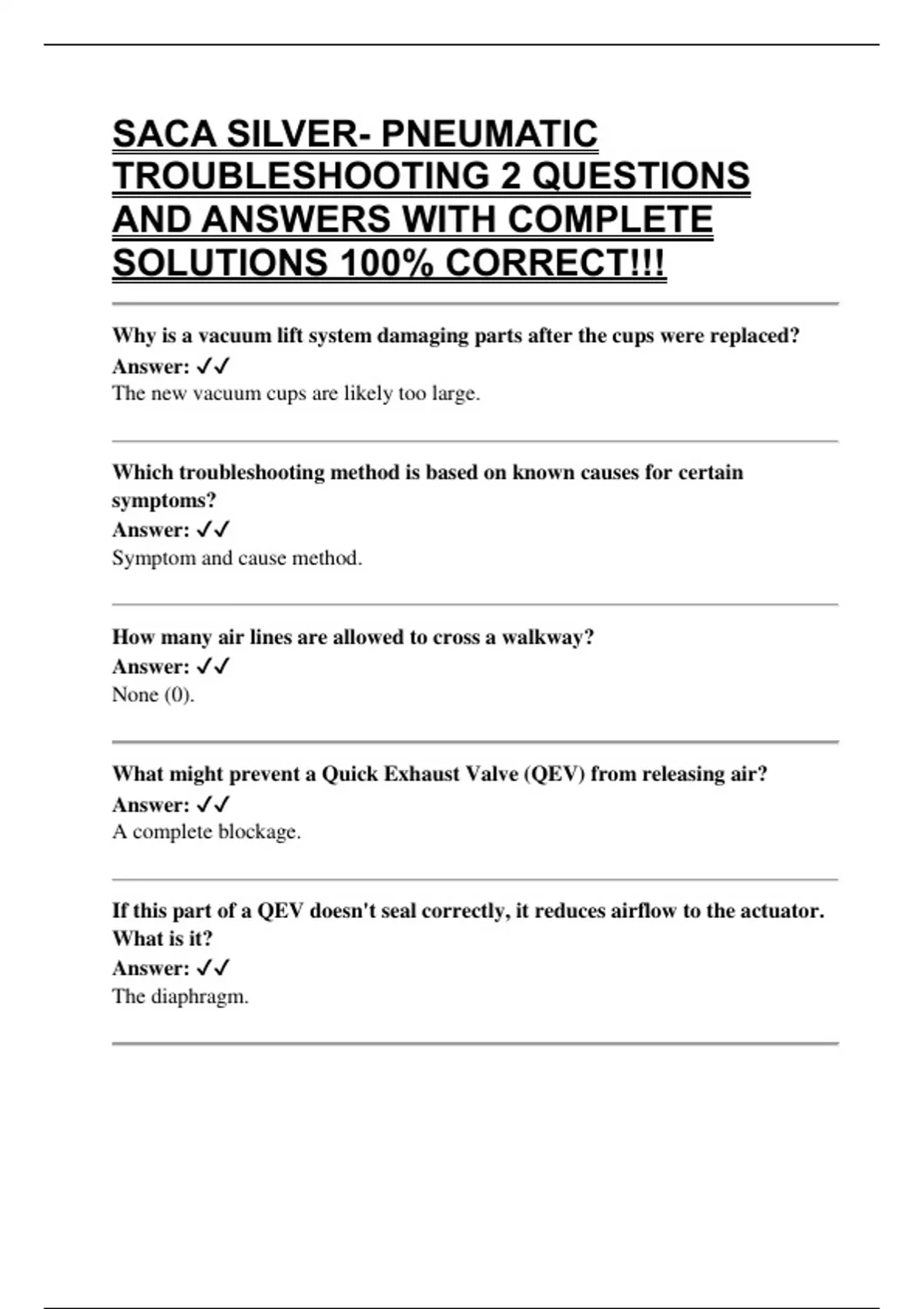 SACA SILVER- PNEUMATIC TROUBLESHOOTING 2 QUESTIONS AND ANSWERS WITH ...