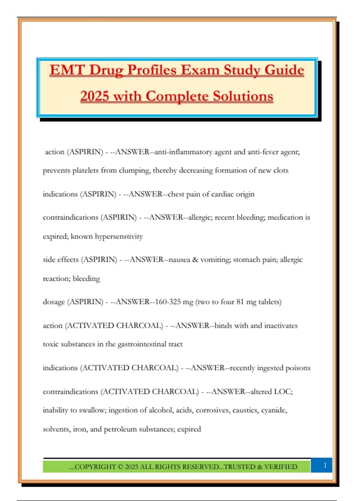 EMT Drug Profiles Exam Study Guide 2025 with Complete Solutions - EMT ...