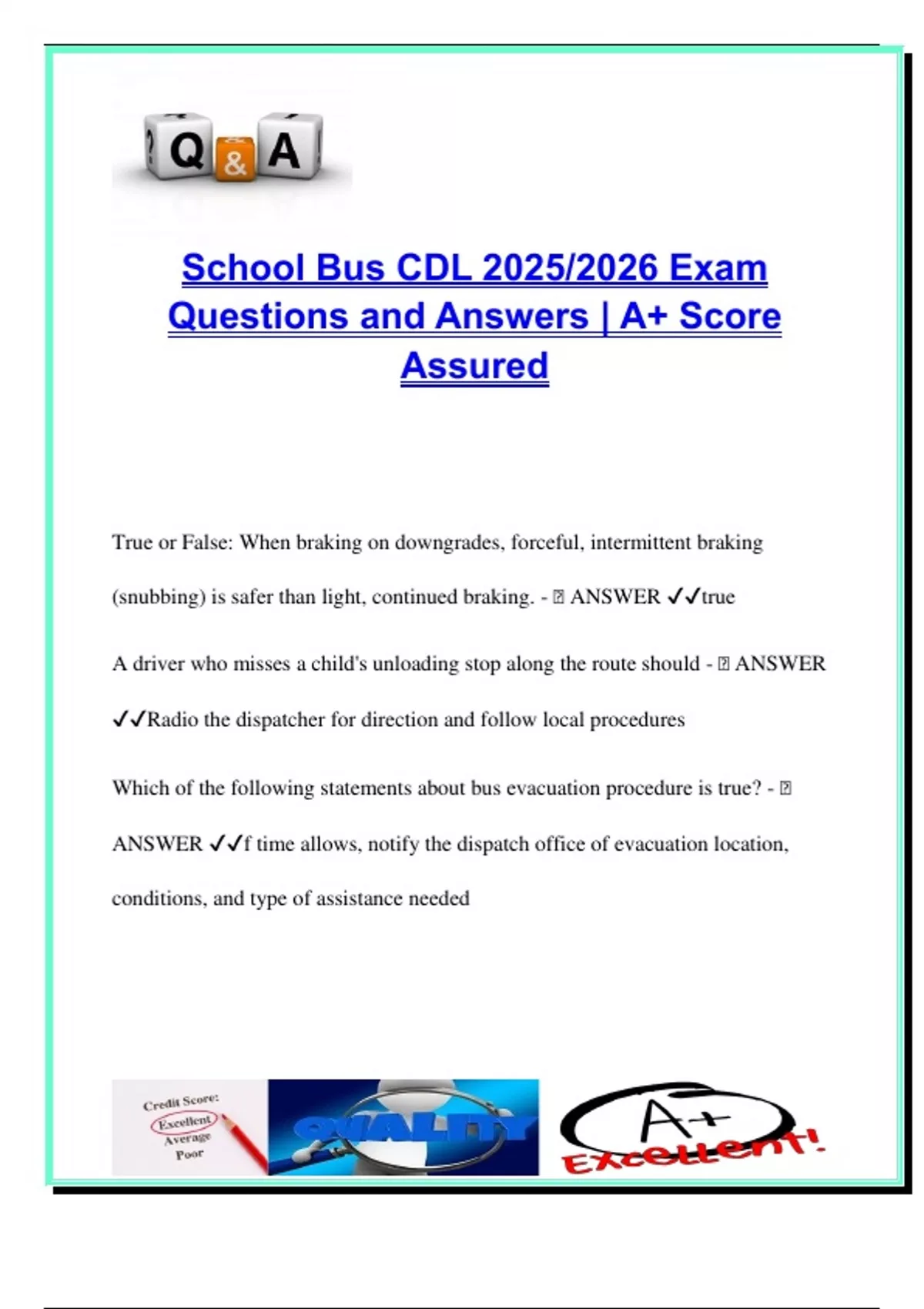 School Bus CDL Exam 2025/2026 – 300+ Verified Questions & Answers on Pre-Trip Inspection ...